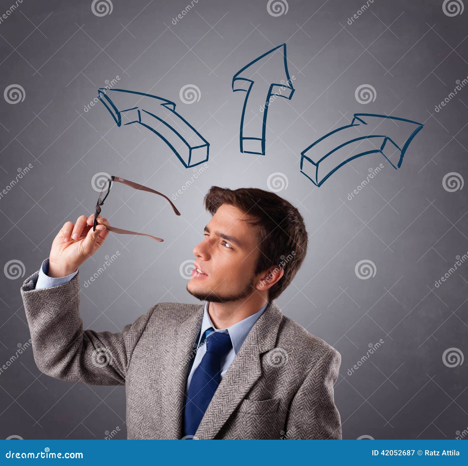 Handsome Man Thinking with Arrows Overhead Stock Illustration ...