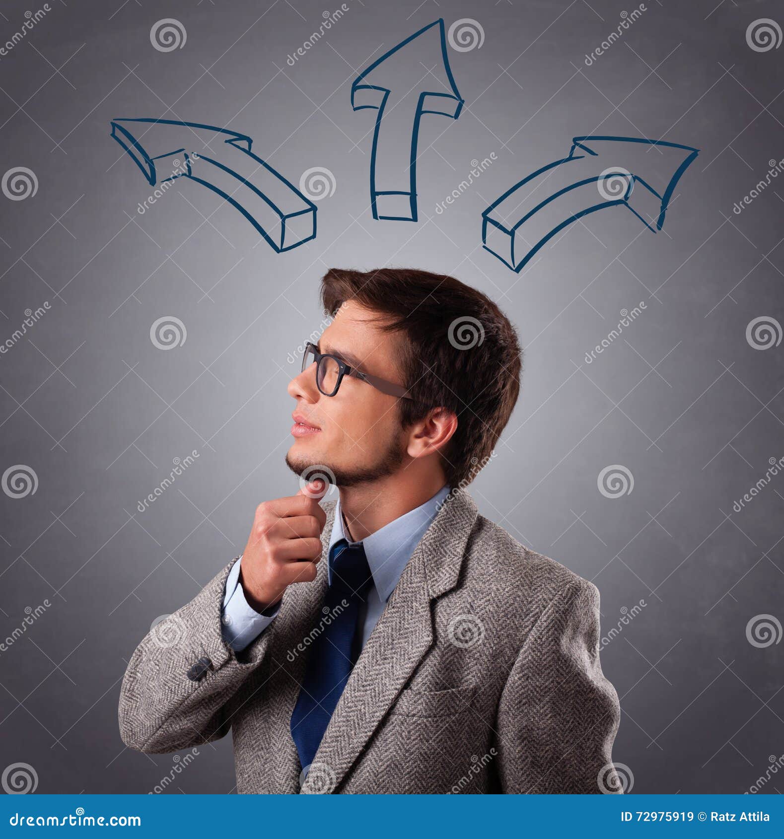 Handsome Man Thinking with Arrows Overhead Stock Image - Image of ...