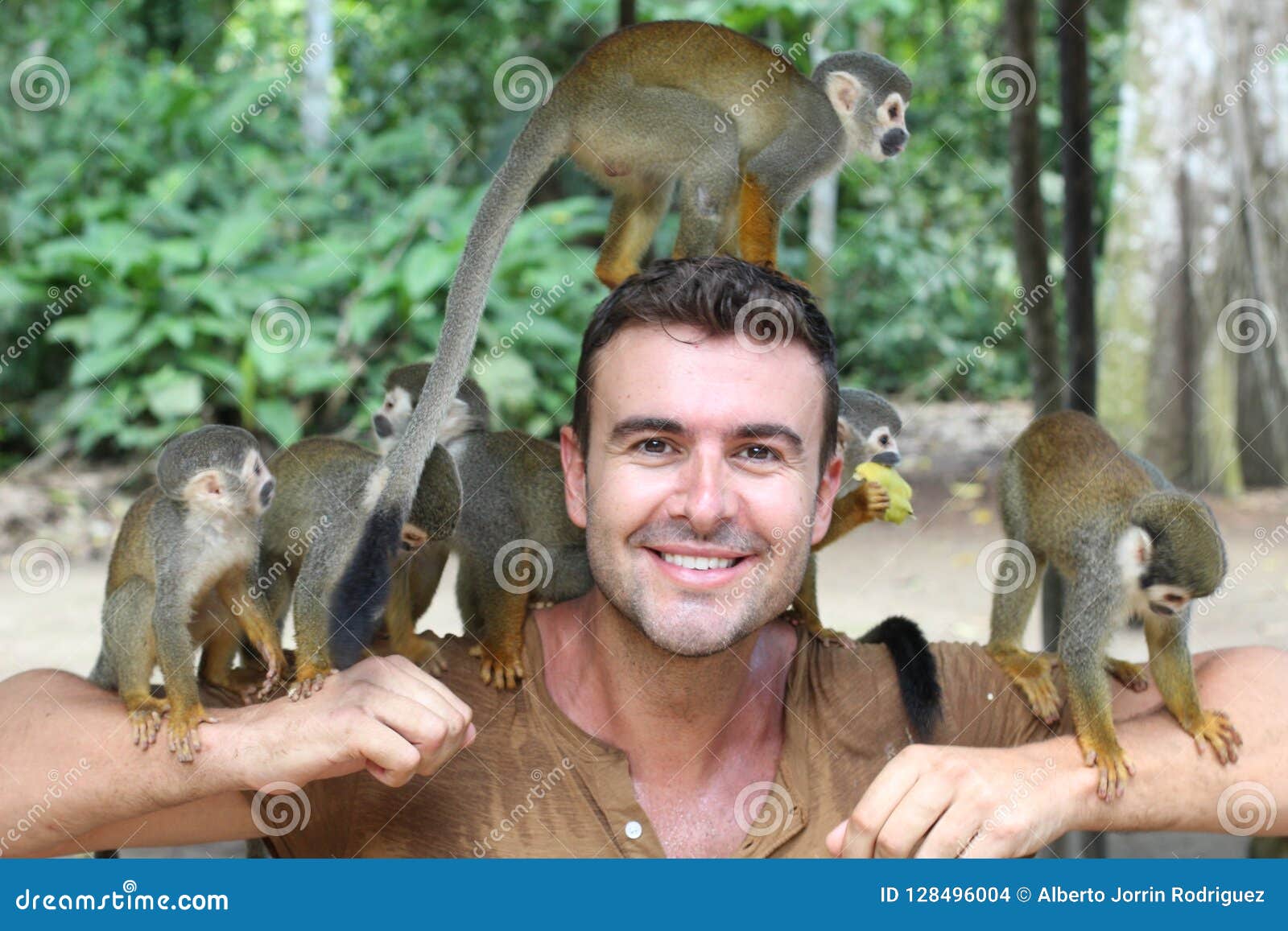 Handsome Man with Titi Monkey`s Group Stock Photo - Image of evolution ...