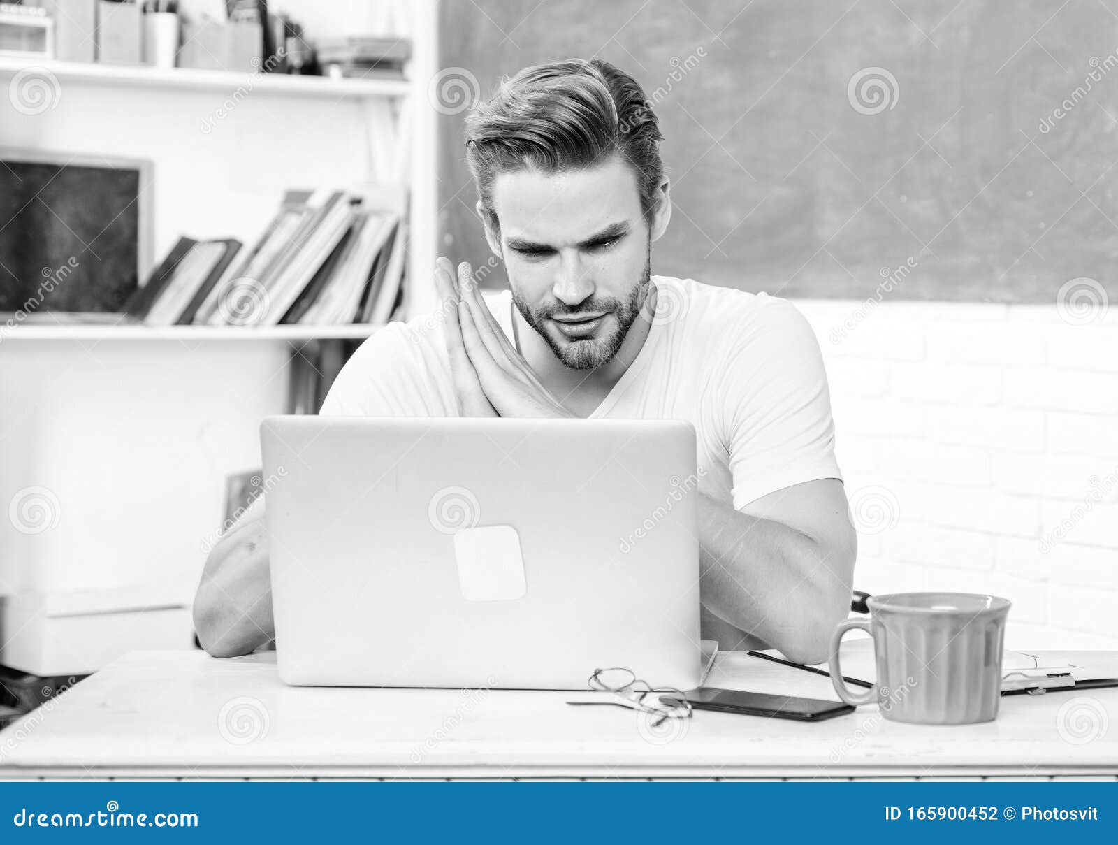 Handsome Man Use Modern Technology. Improve Knowledge. Student Learn ...