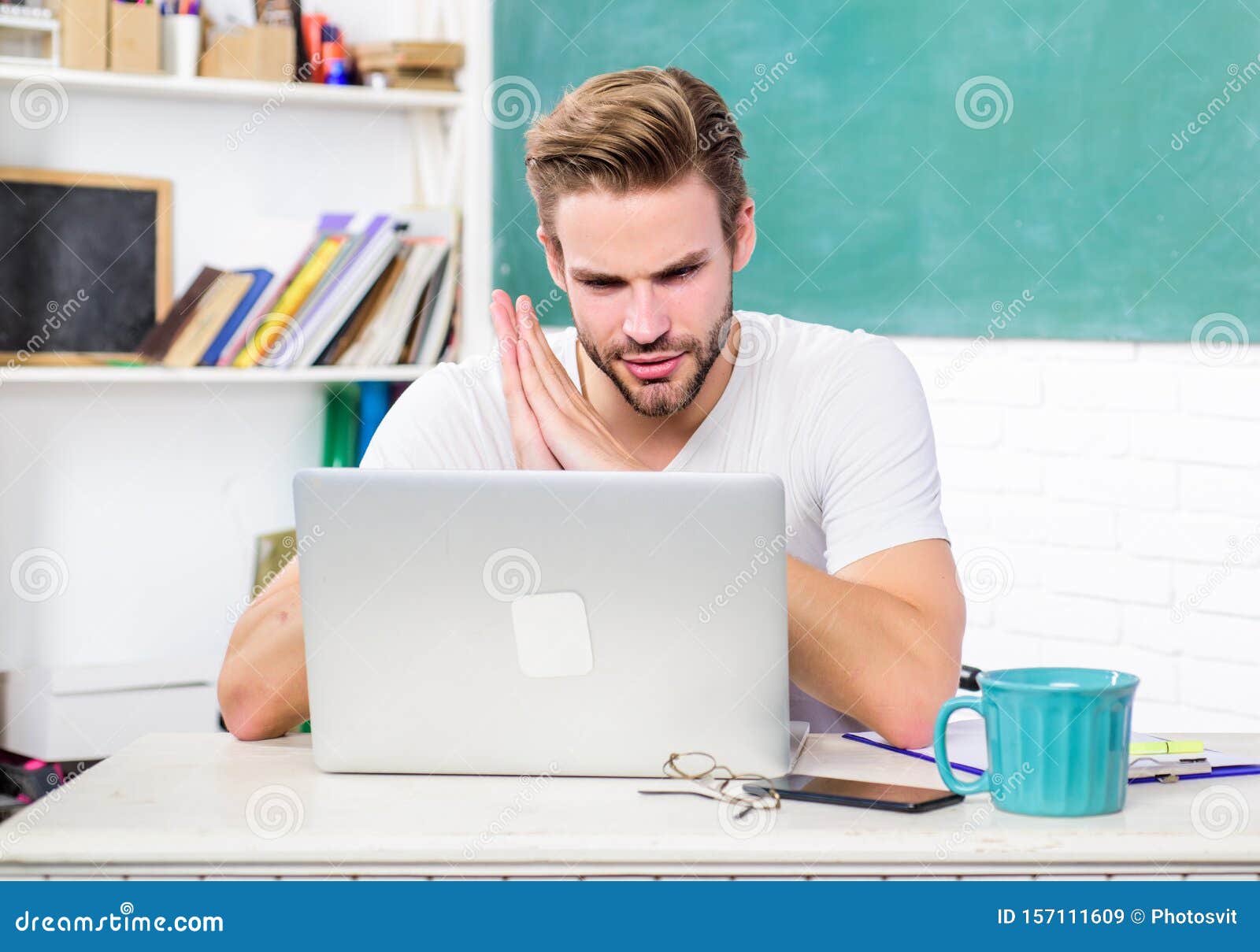 Handsome Man Use Modern Technology. Improve Knowledge. Student Learn ...