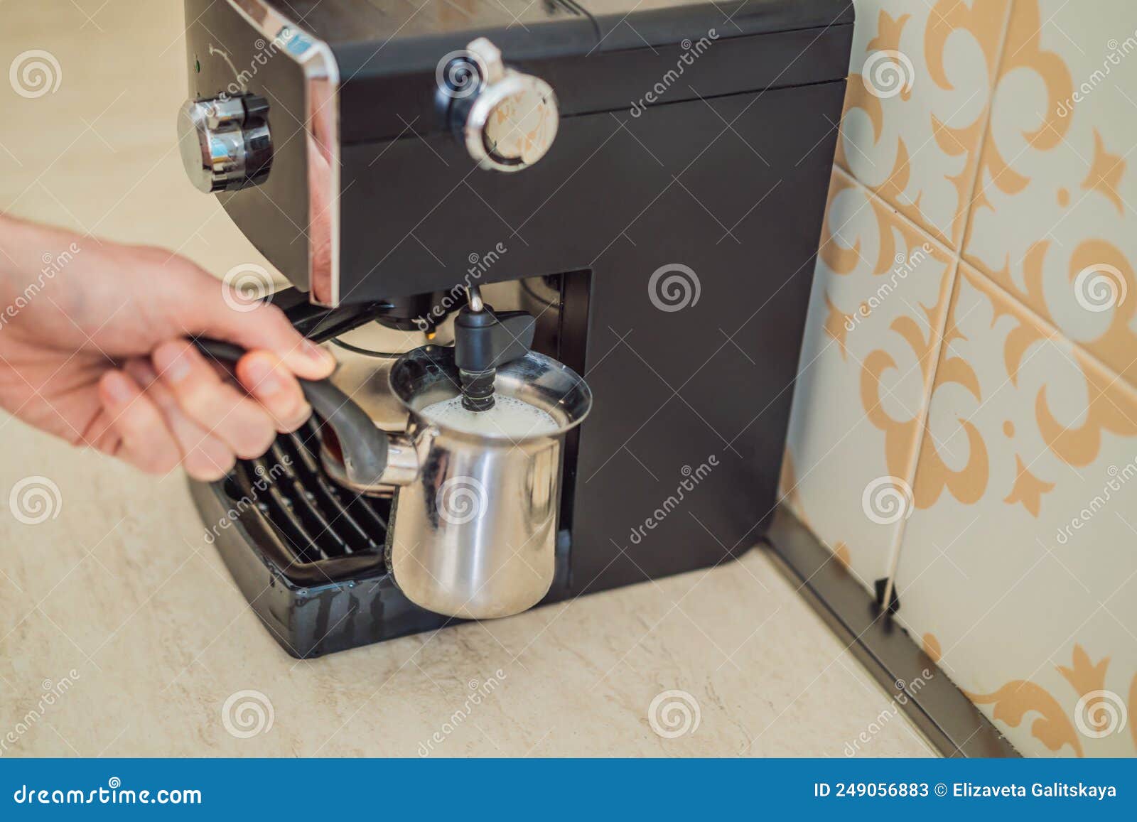 Handsome Man Using Coffee Machine in Kitchen Stock Image - Image of ...