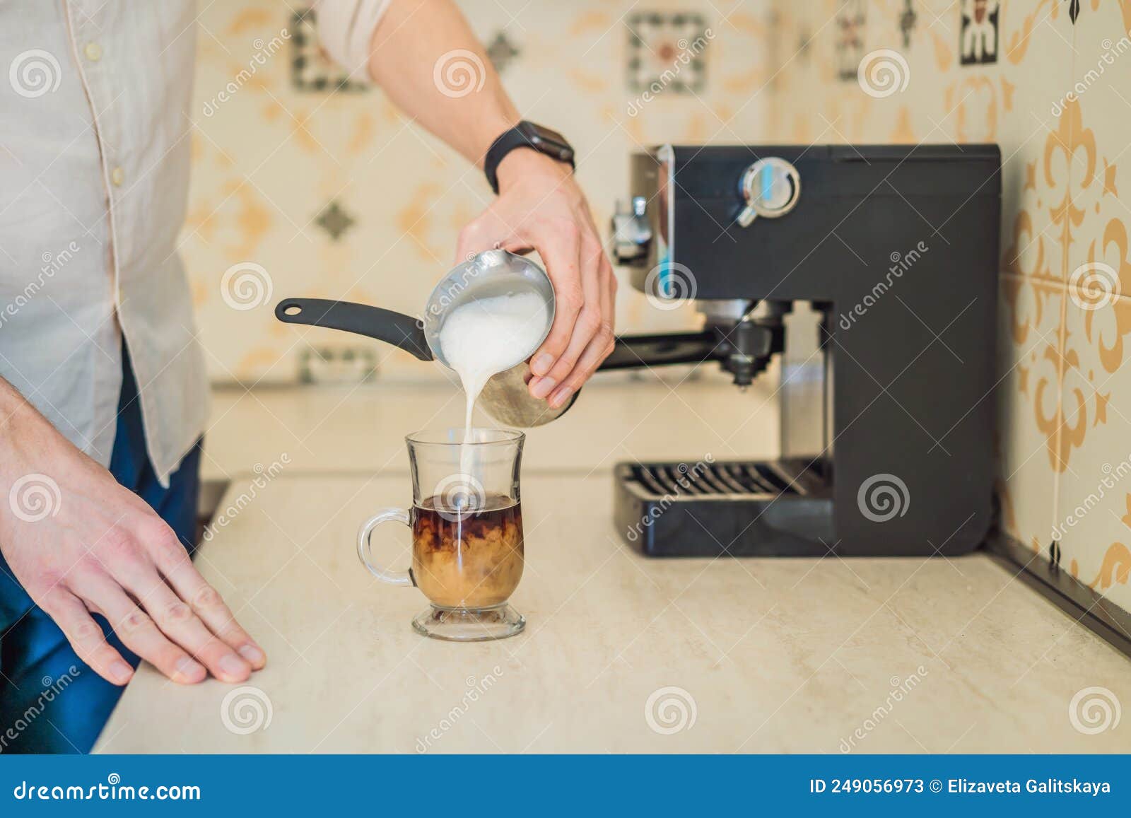 Handsome Man Using Coffee Machine in Kitchen Stock Image - Image of ...