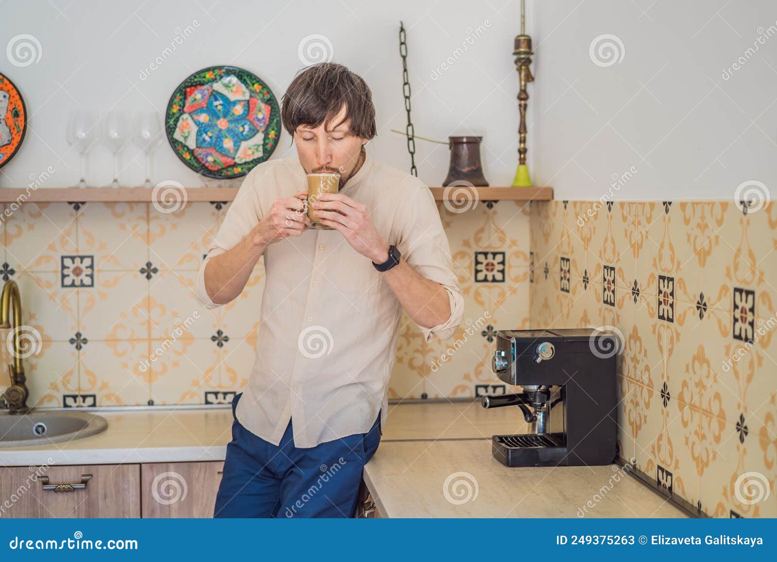 Handsome Man Using Coffee Machine in Kitchen Stock Image - Image of ...
