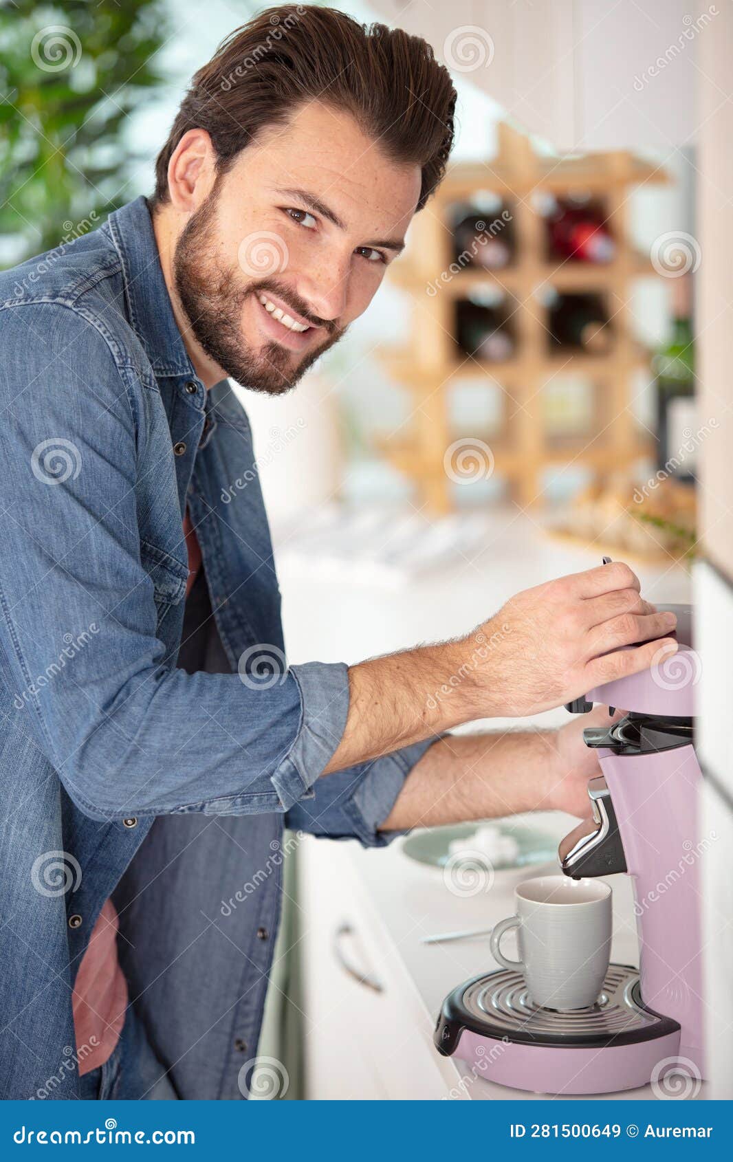 Handsome Man Using Coffee Machine in Kitchen Stock Image - Image of ...