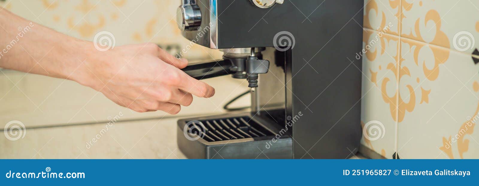 Handsome Man Using Coffee Machine in Kitchen BANNER, LONG FORMAT Stock ...
