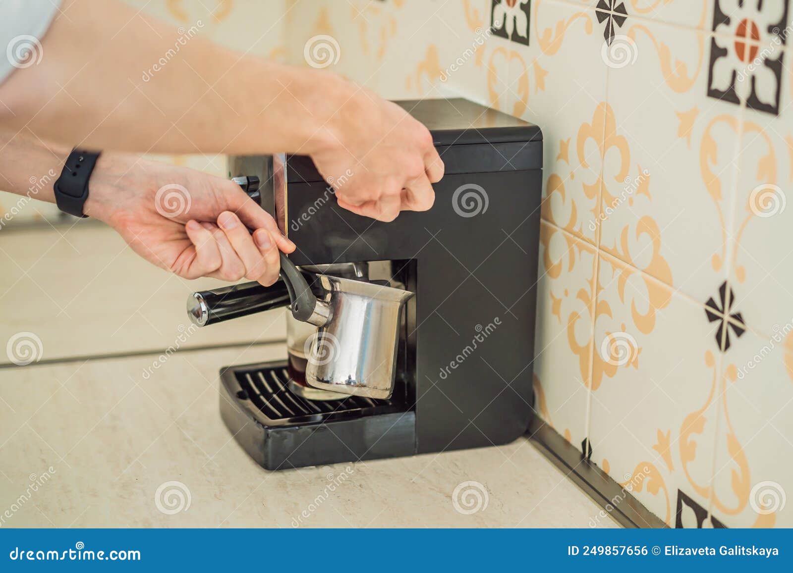 Handsome Man Using Coffee Machine in Kitchen Stock Photo - Image of ...