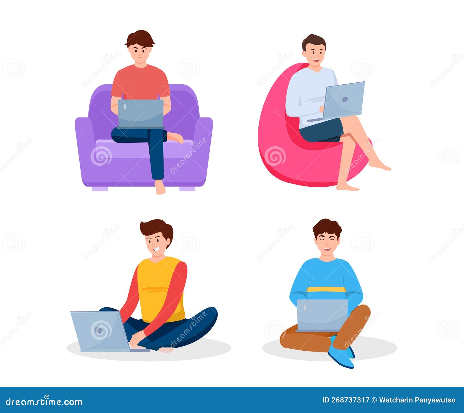 Handsome Man Using Laptop for Working and Learning in Cartoon Character ...