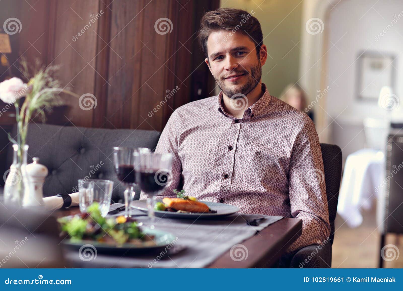 Handsome Man Waiting at Table in Restaurant Stock Image - Image of ...
