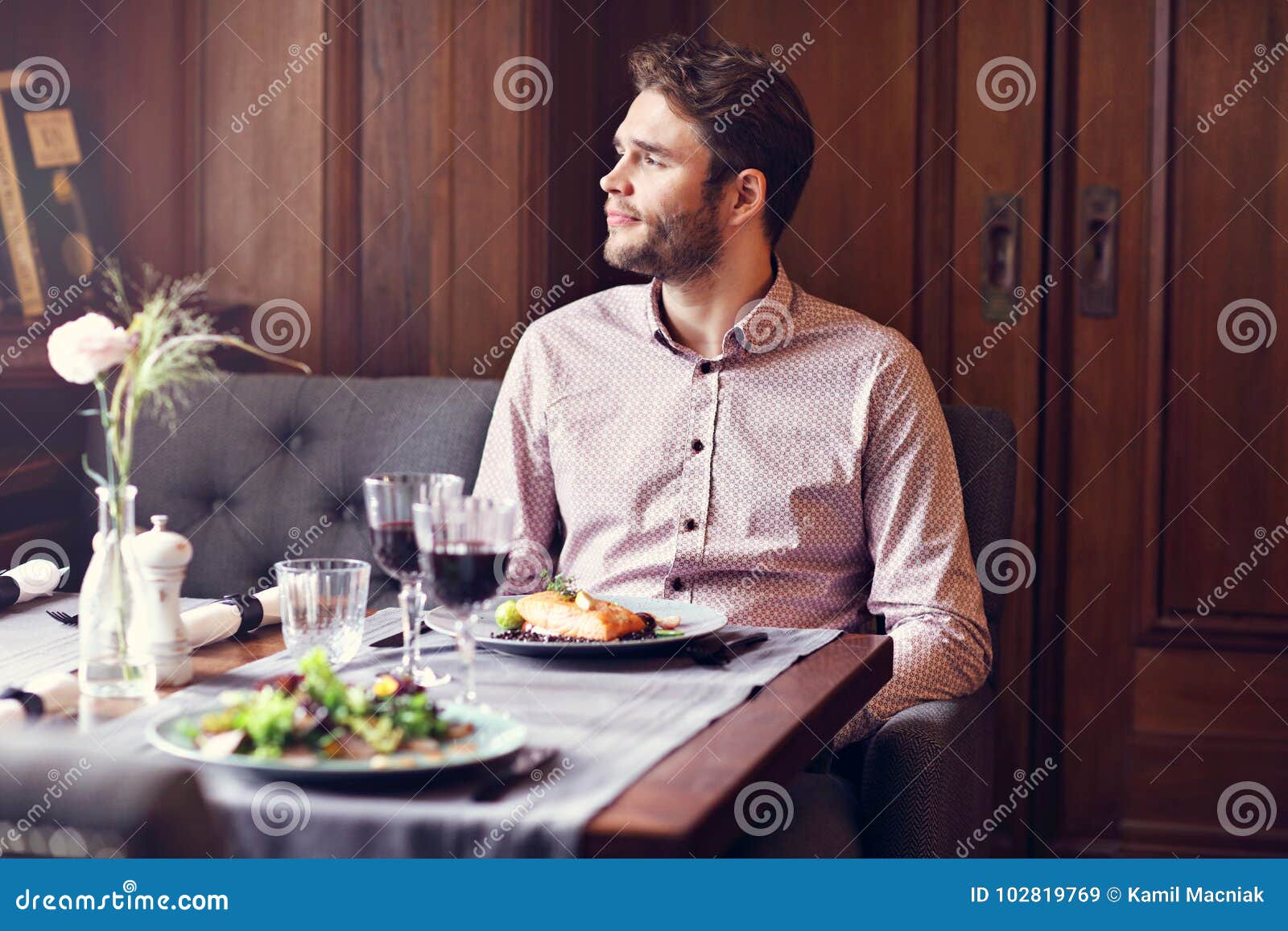 Handsome Man Waiting at Table in Restaurant Stock Image - Image of ...