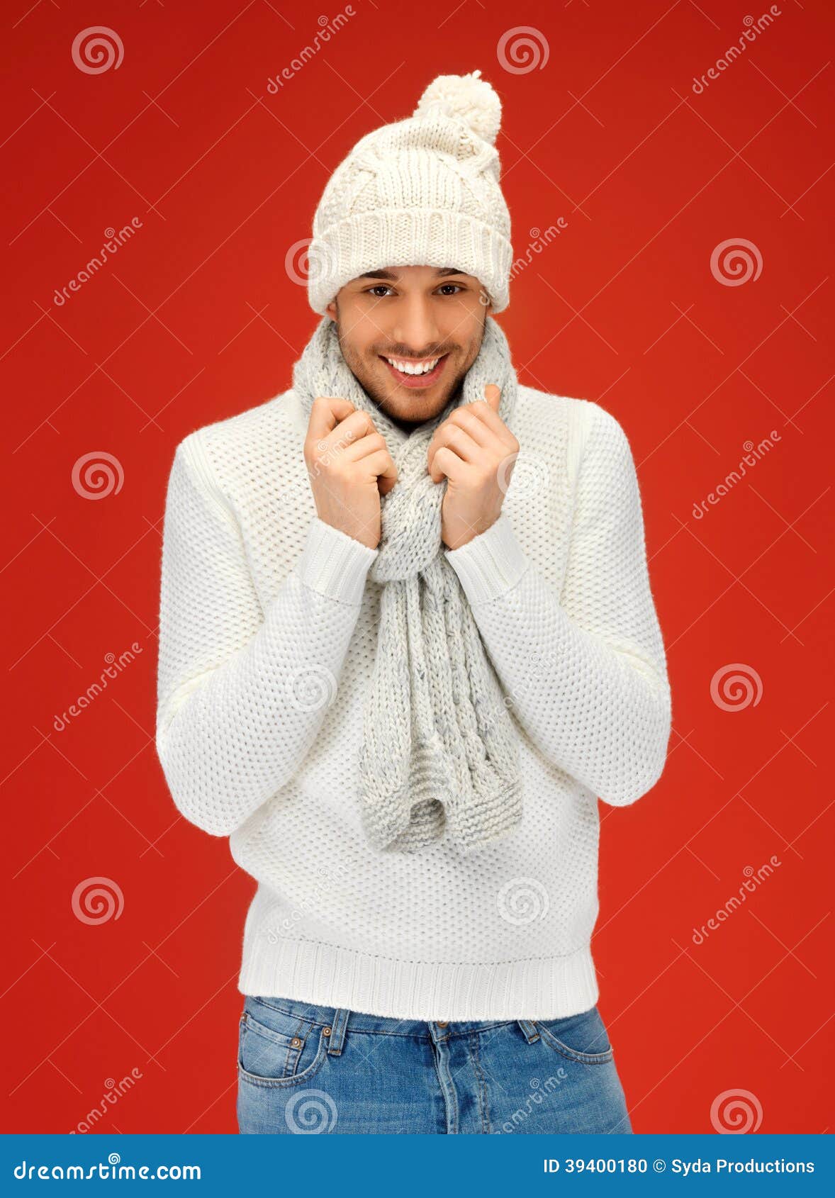 Handsome Man in Warm Sweater, Hat and Scarf Stock Photo - Image of ...