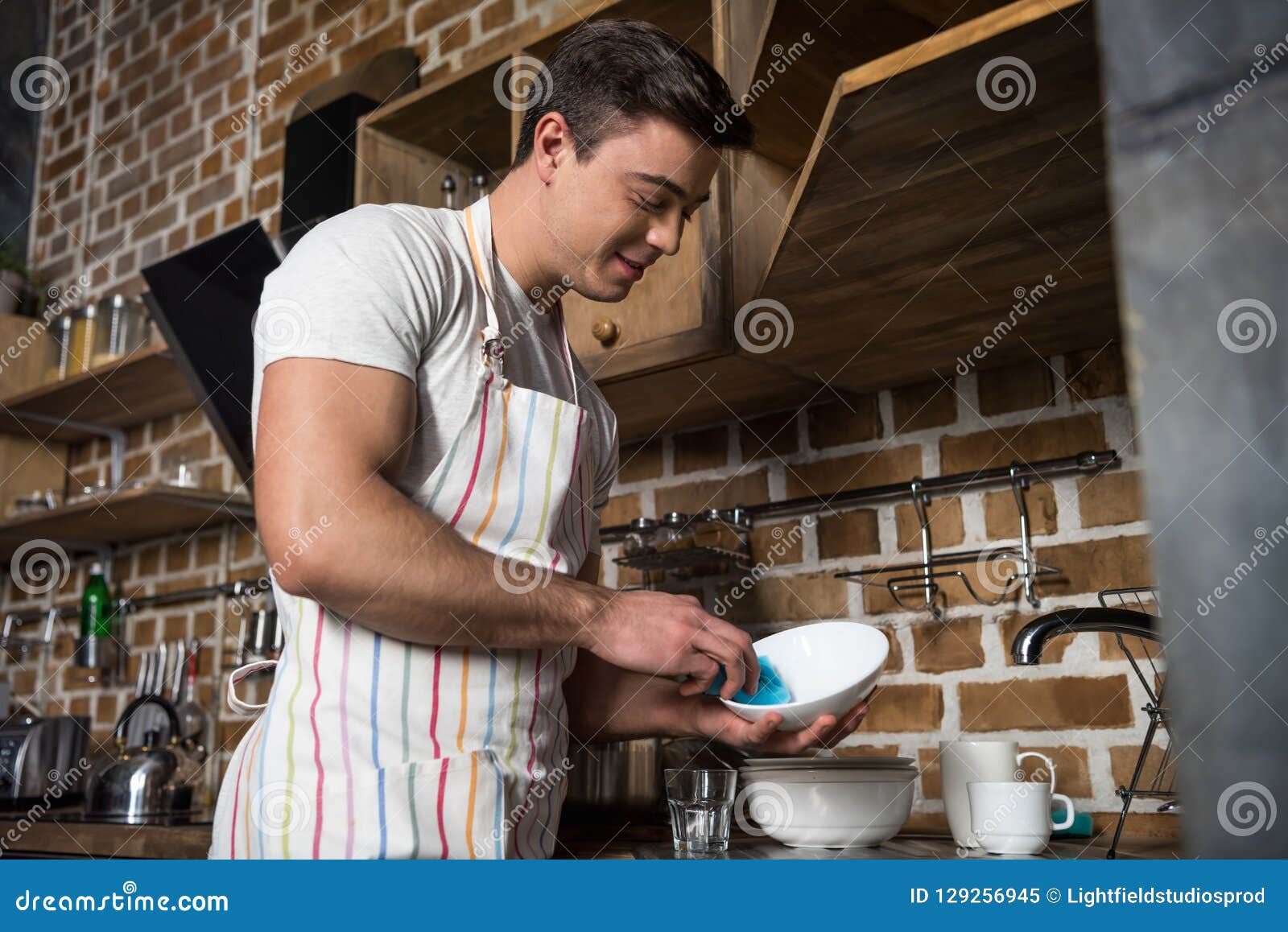Handsome Man Washing Dishes Stock Image - Image of housekeeper ...