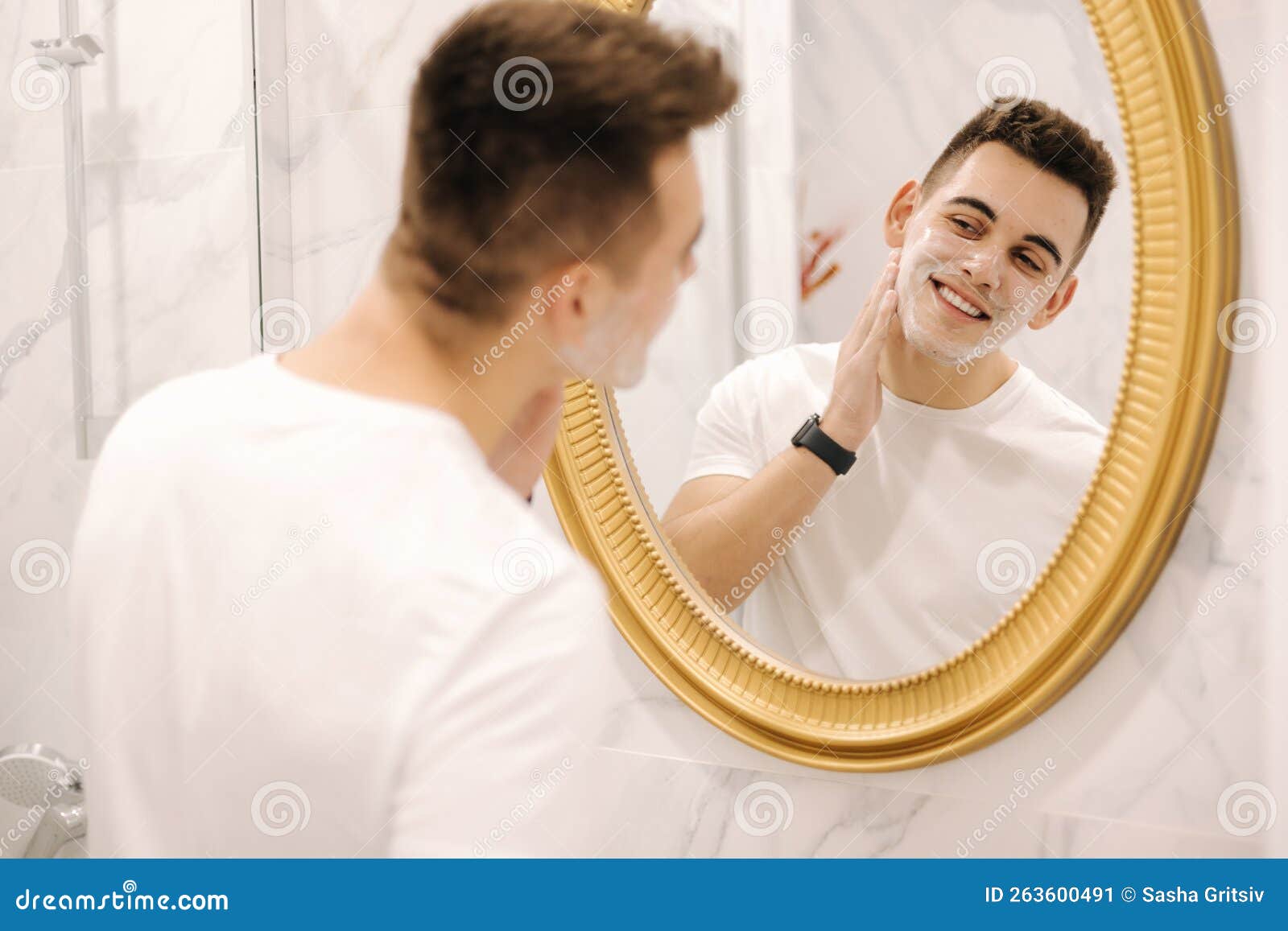Handsome Man Washing Face With Facial Cleanser Face Wash Soap In