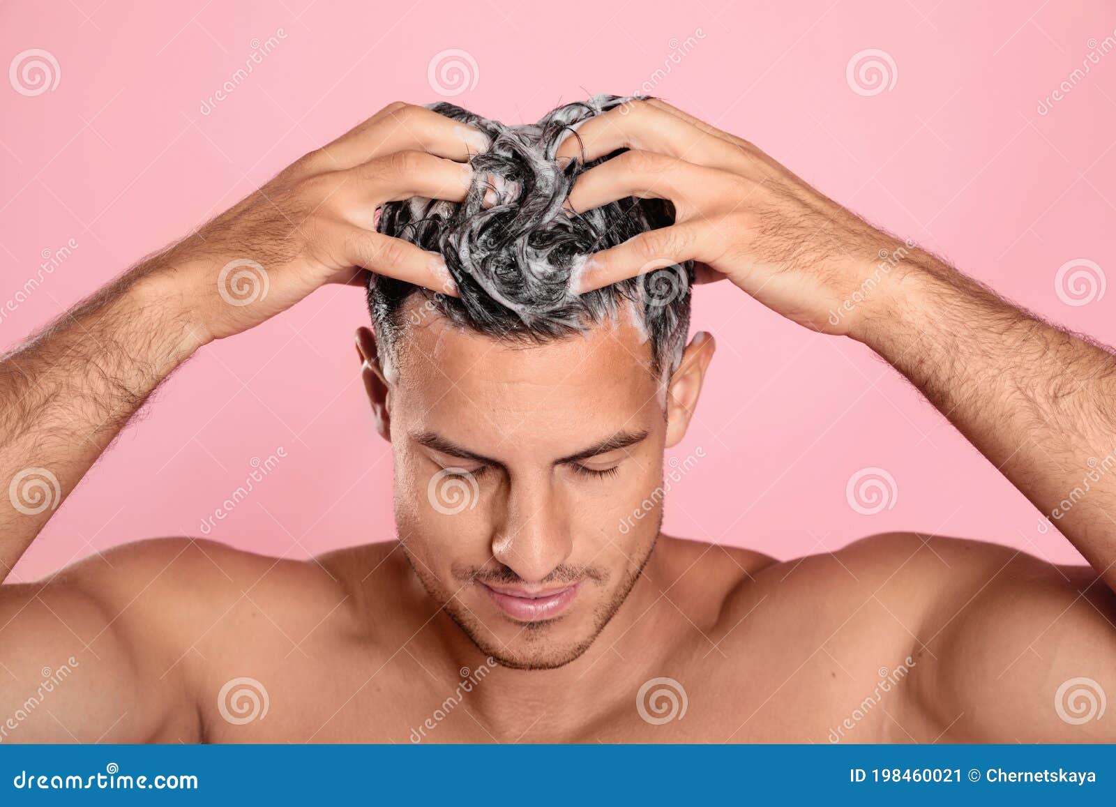 Handsome Man Washing Hair on Pink Background Stock Image - Image of ...
