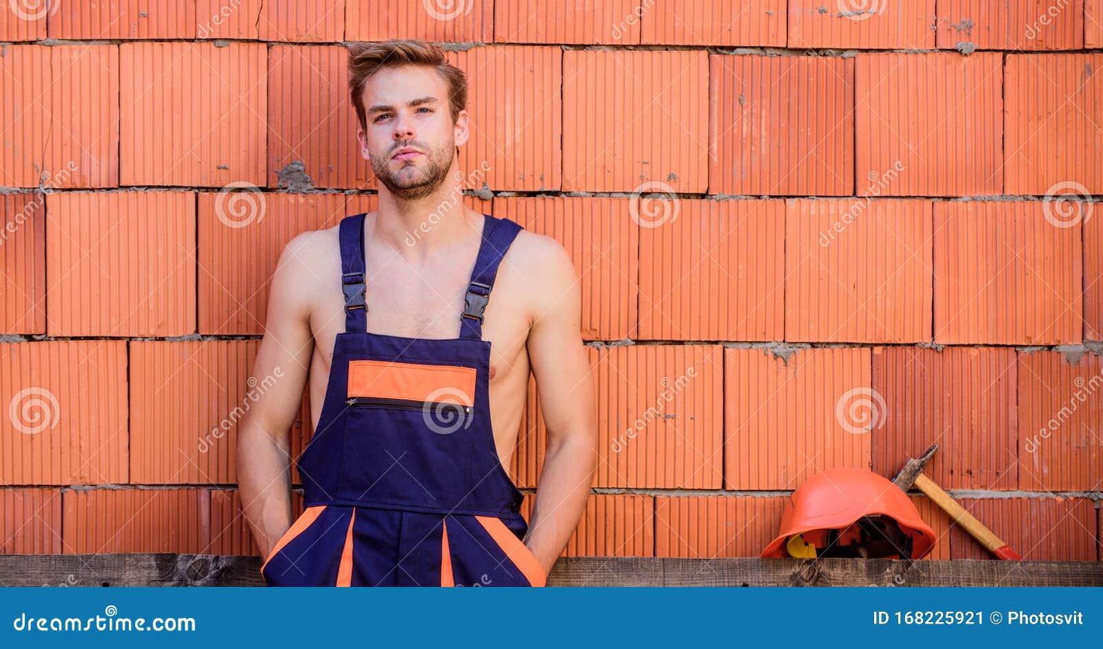 Handsome Man Wear Overalls. Break for Relax. Laborer. Attractive Worker ...