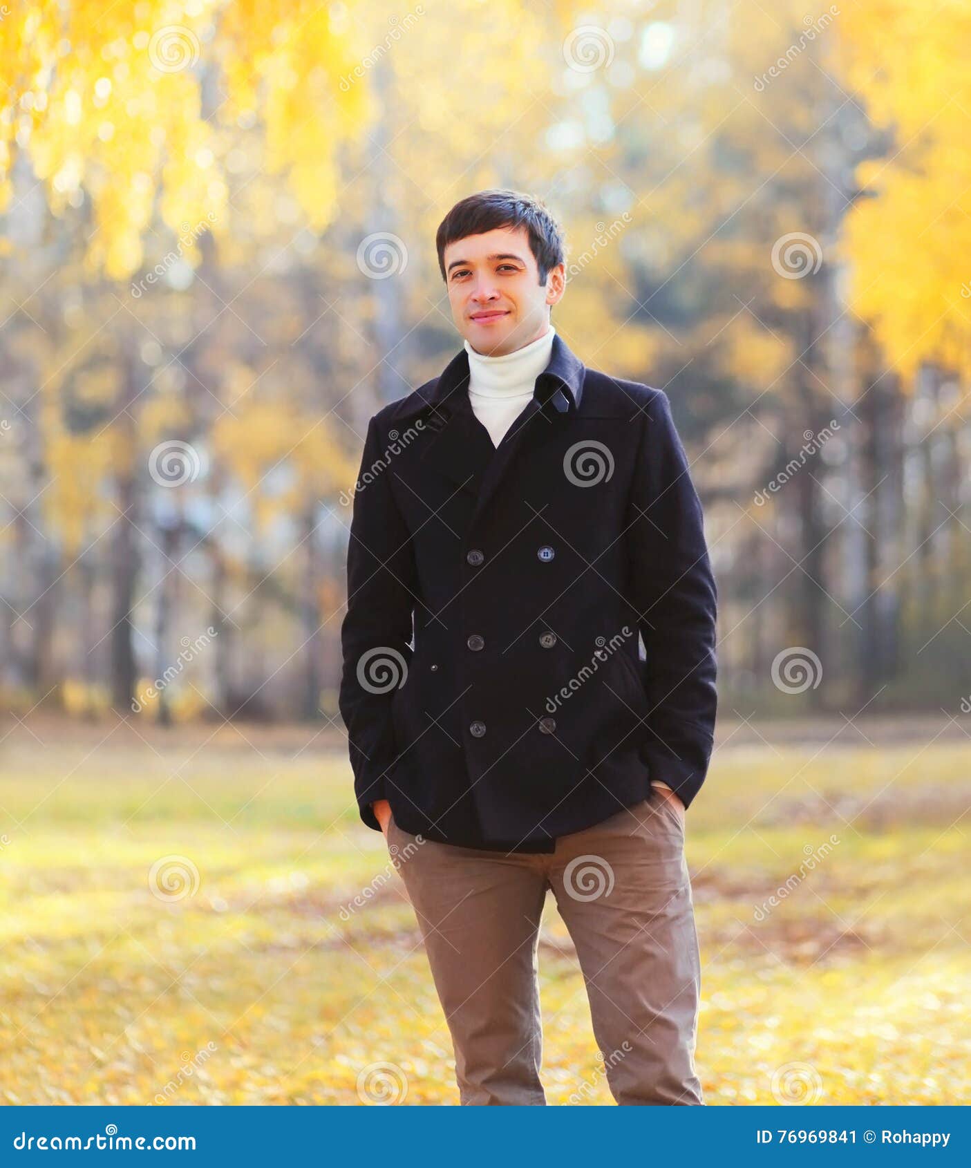 Handsome Man Wearing a Black Coat Jacket in Autumn Day Stock Image ...