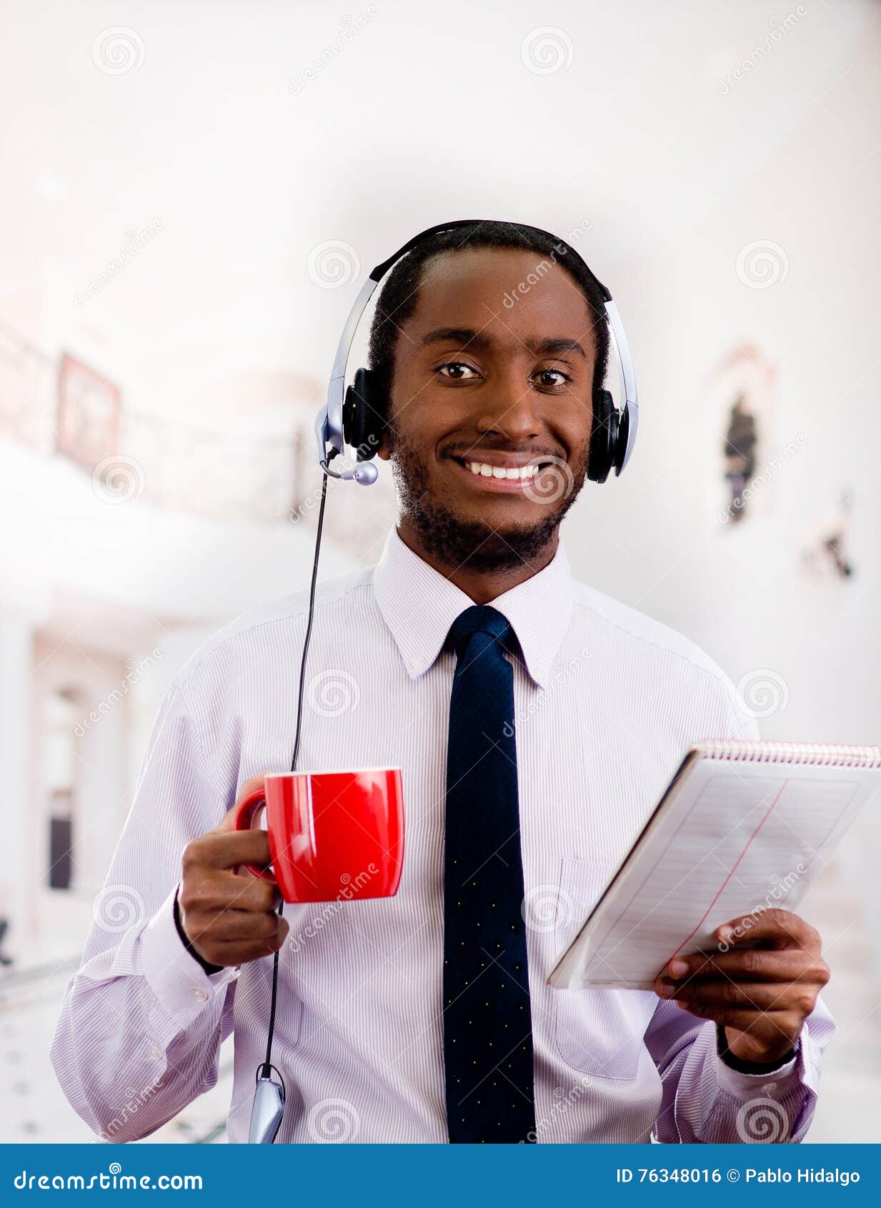 Handsome Man Wearing Headphones With Microphone White Striped Shirt