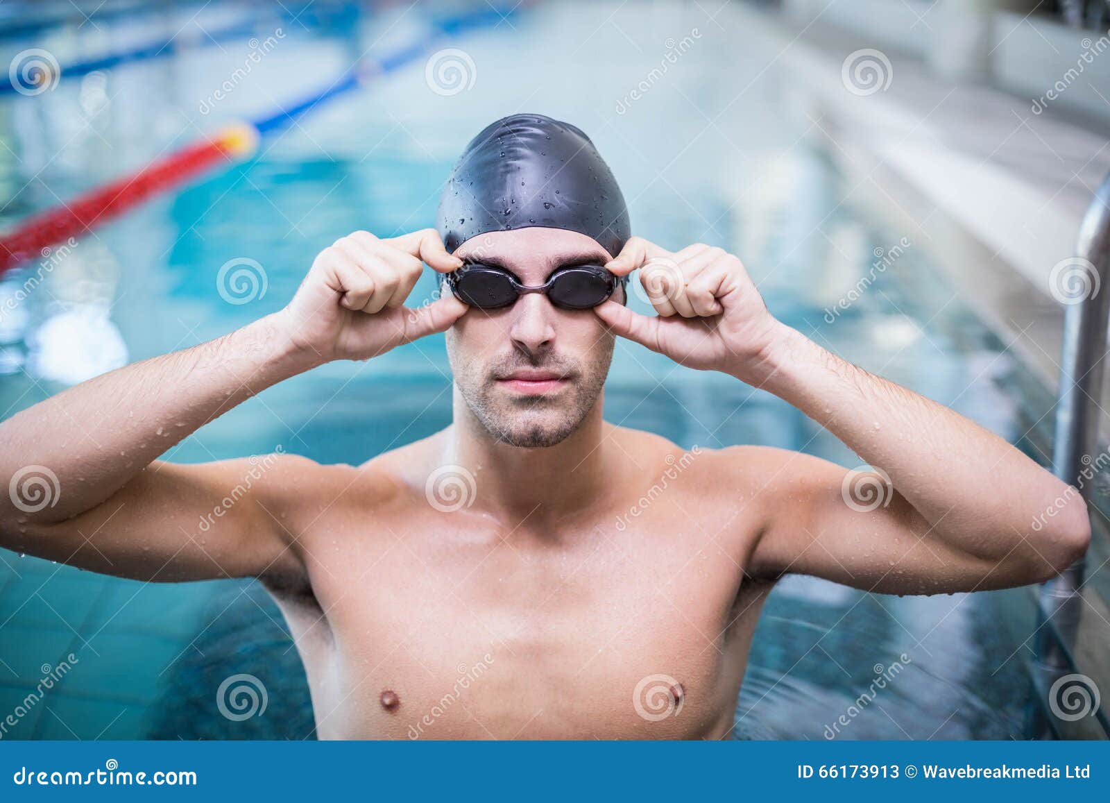 Handsome Man Wearing Swim Cap and Goggles Stock Image - Image of ...