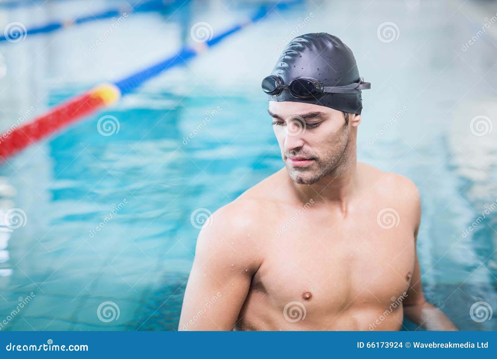 Handsome Man Wearing Swim Cap and Goggles Stock Photo - Image of relax ...