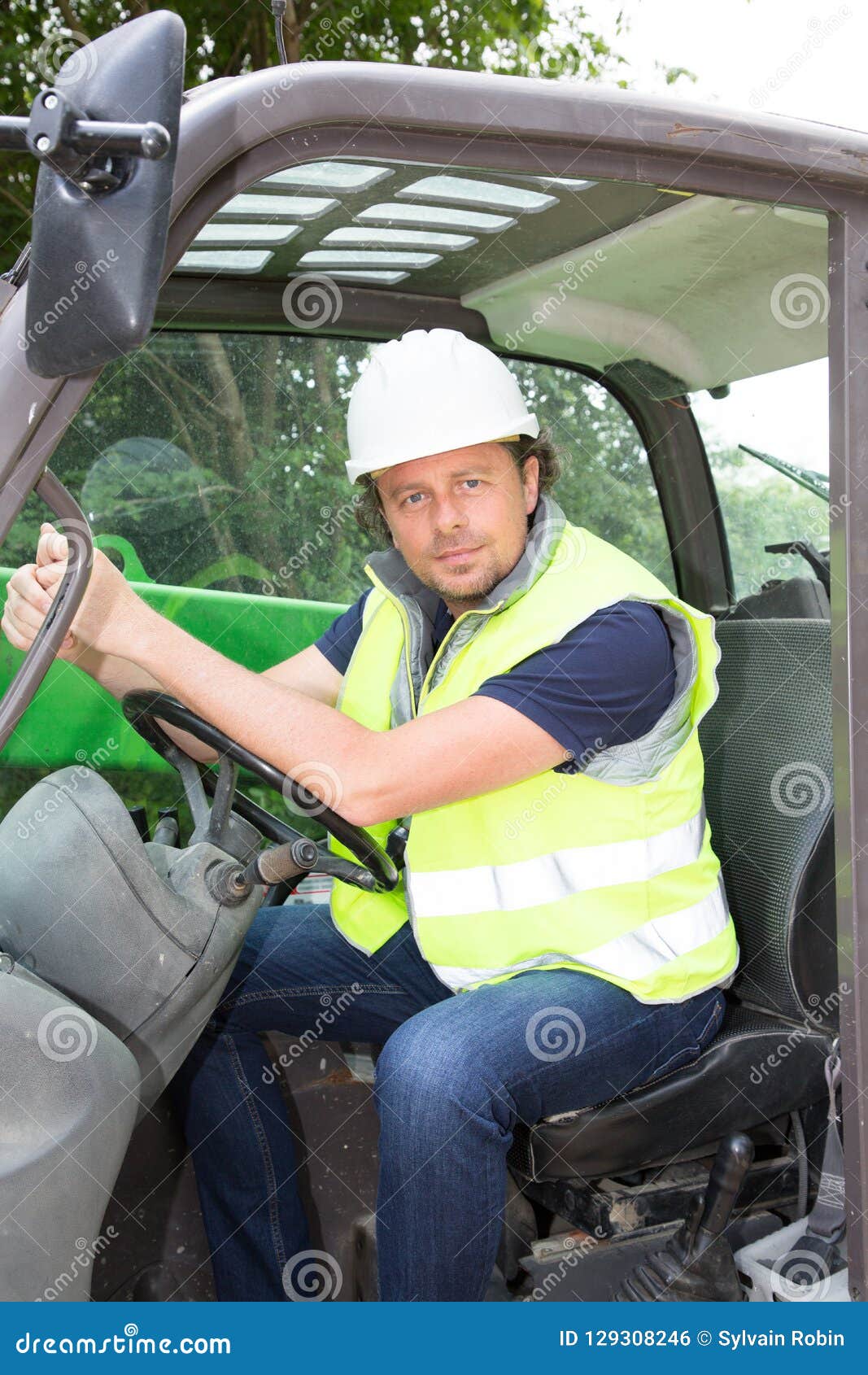 Construction Worker with Forklift Truck Stock Photo - Image of portrait ...