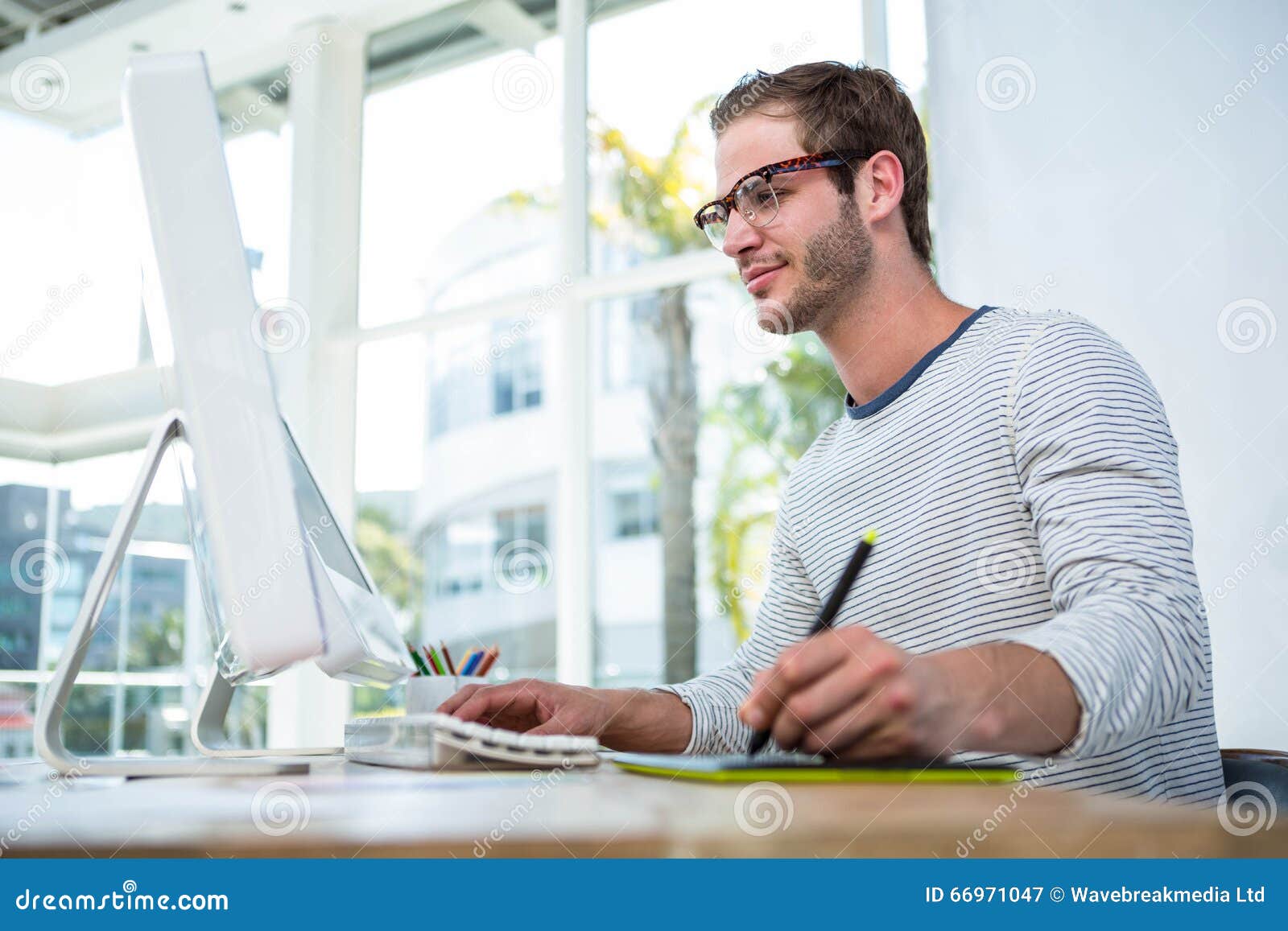 Handsome Man Working on Computer Stock Image - Image of enjoyment ...