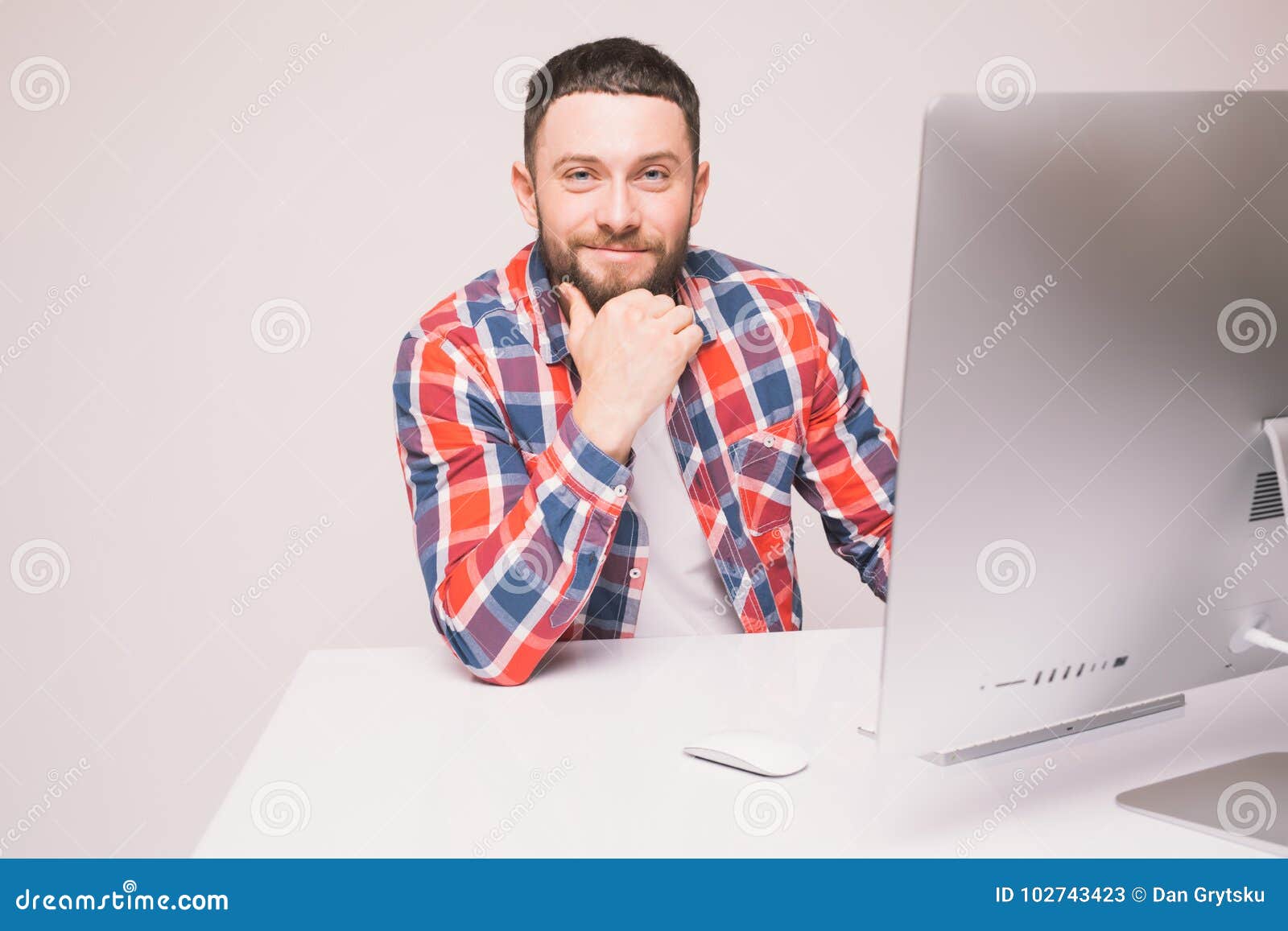 Handsome Man Working on Computer with Screen in Office Interior. Stock ...