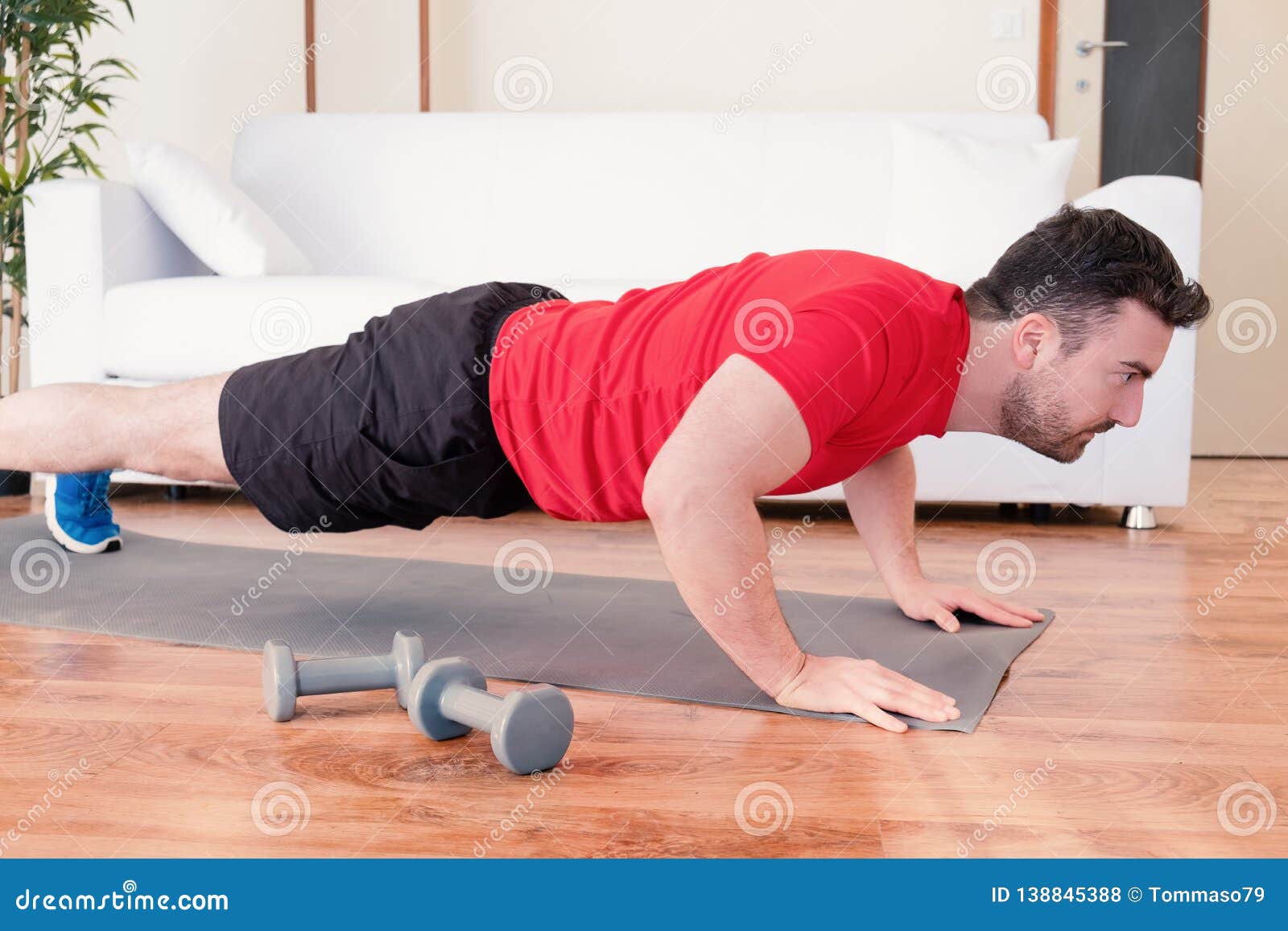 Handsome Man Workout with Push Ups at Home Stock Photo - Image of ...