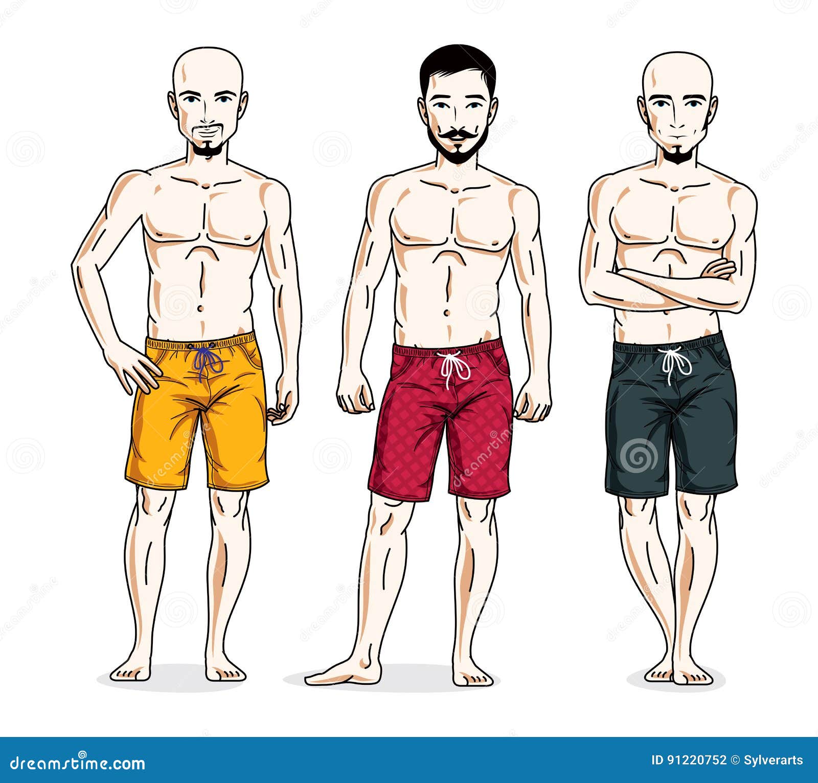 Handsome Men Posing with Athletic Body, Wearing Beach Shorts. Vector ...