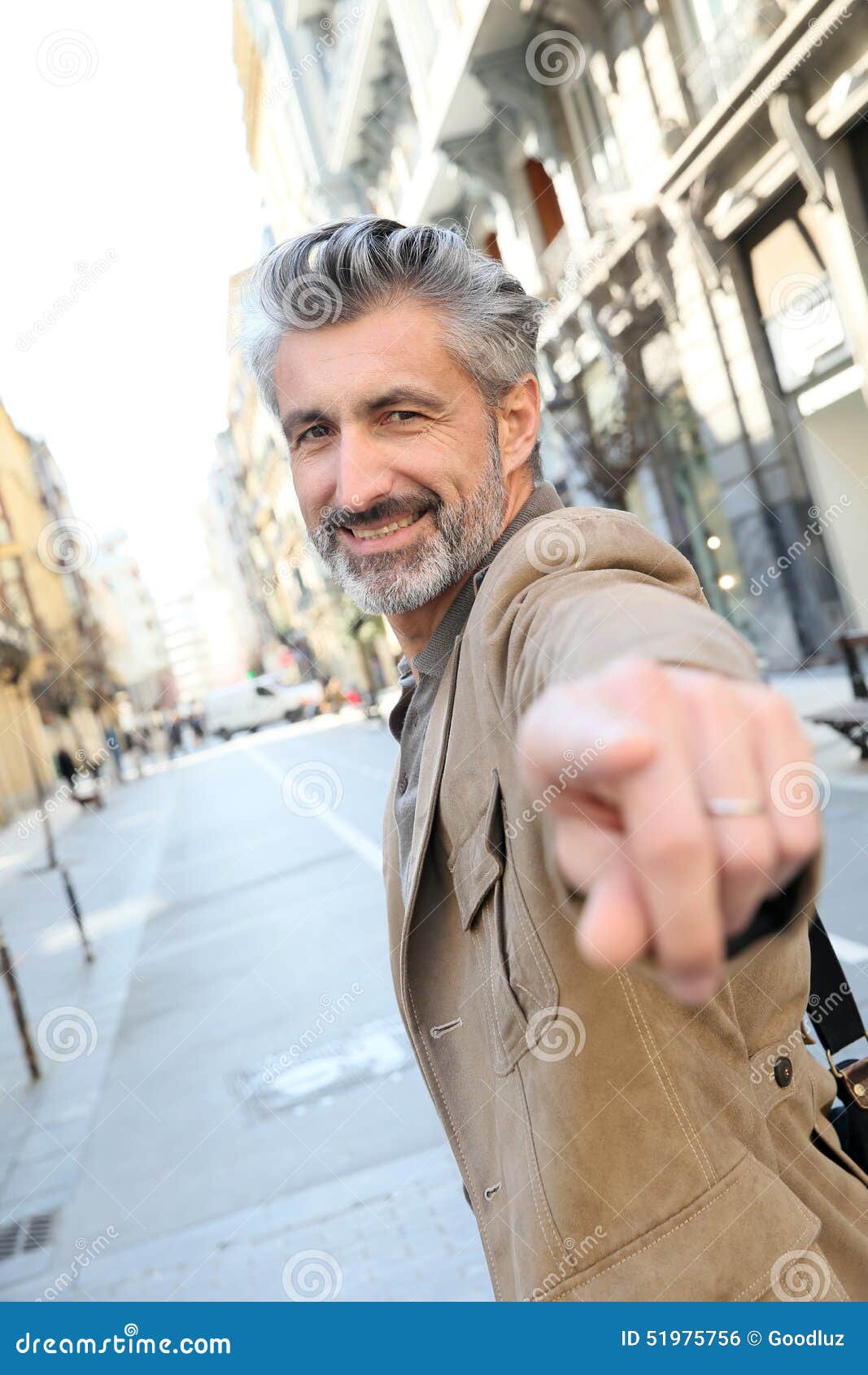 Handsome Middle-aged Man in Town Pointing Finger Stock Photo - Image of ...