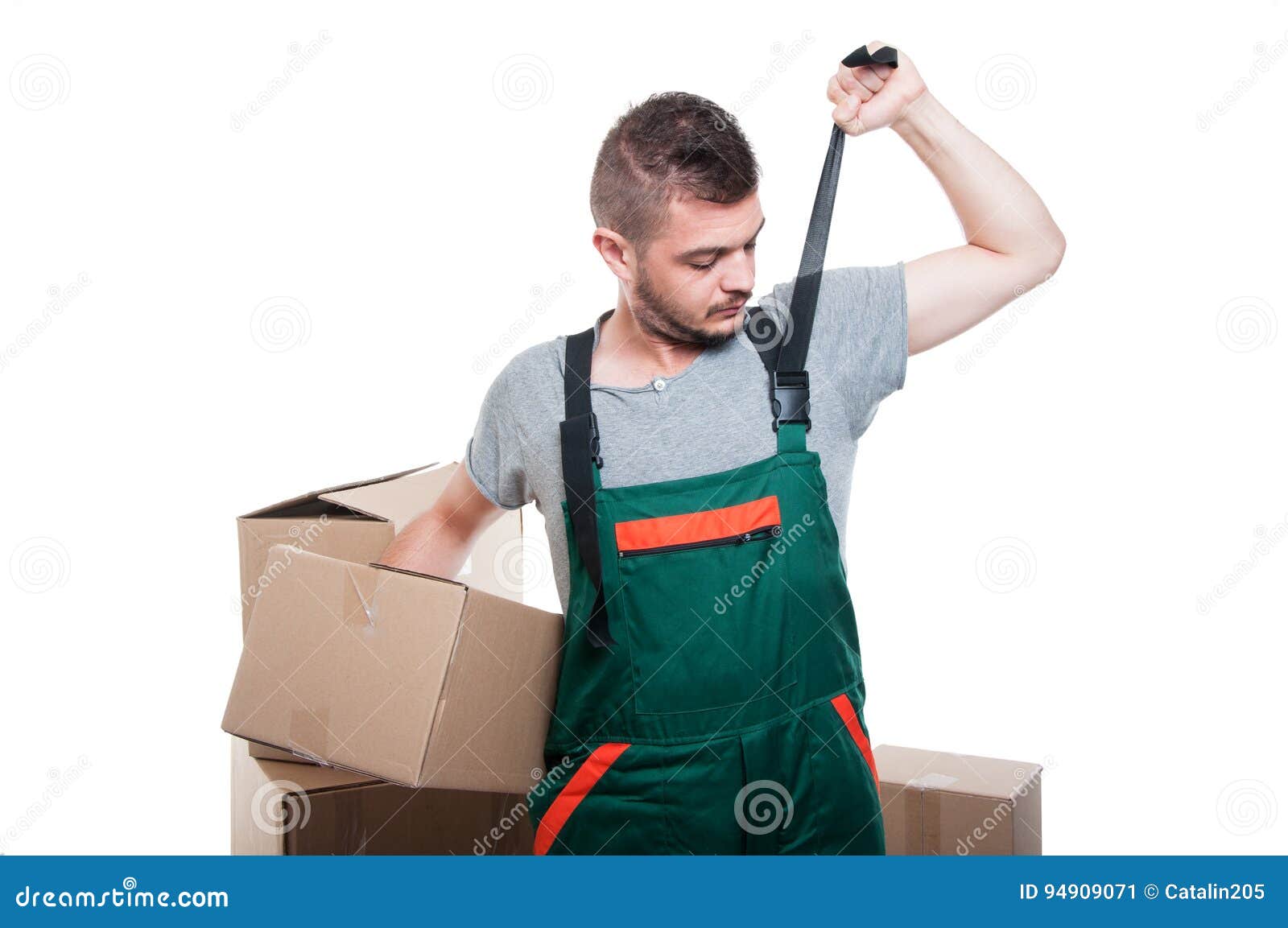 Handsome Mover Guy Holding Box Fixing His Overall Stock Image - Image ...