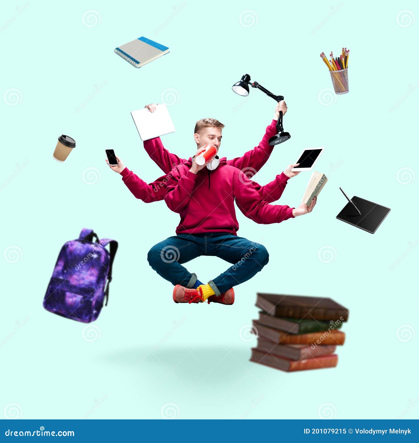 Handsome Multi-armed Student Levitating Isolated on Blue Studio ...