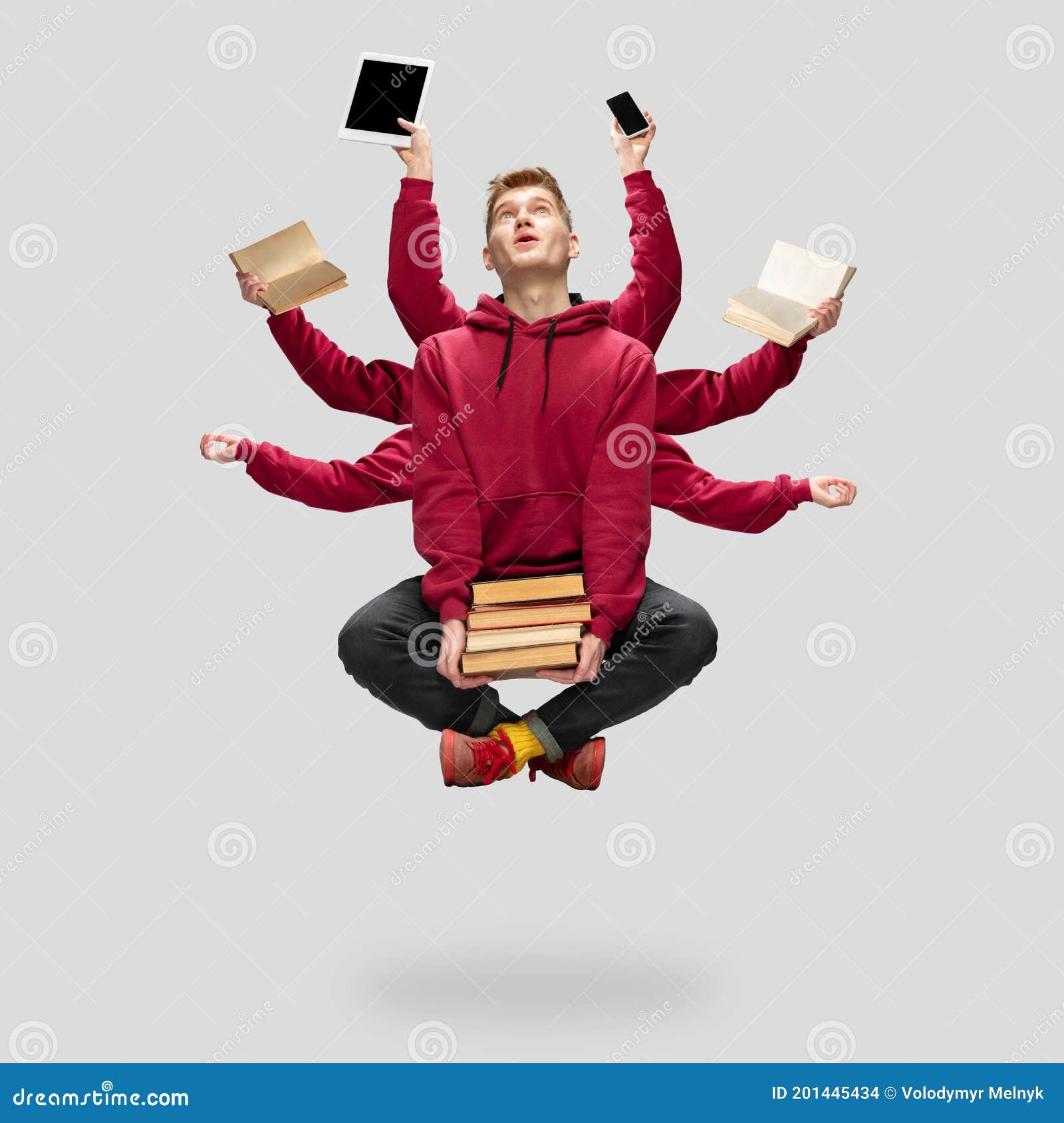 Handsome Multi-armed Student Levitating Isolated on Grey Studio ...