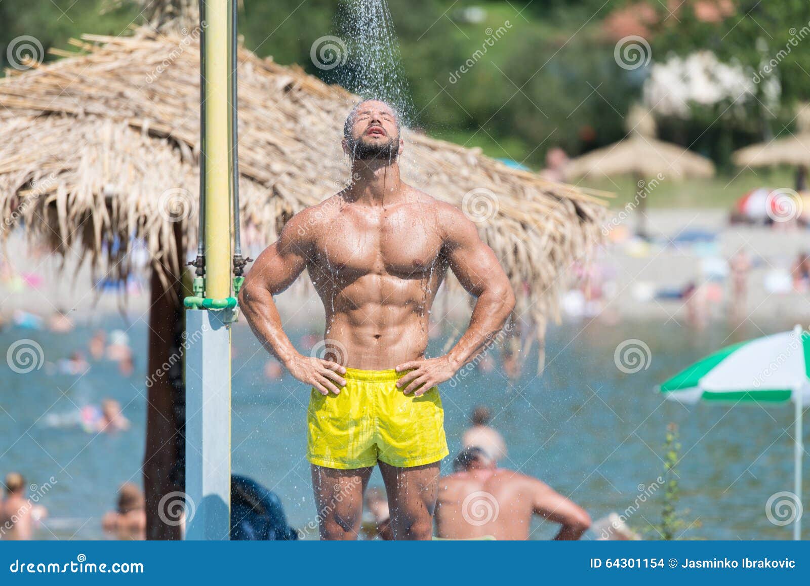 Handsome Muscle Man Takes a Shower Outdoors Stock Photo - Image of ...