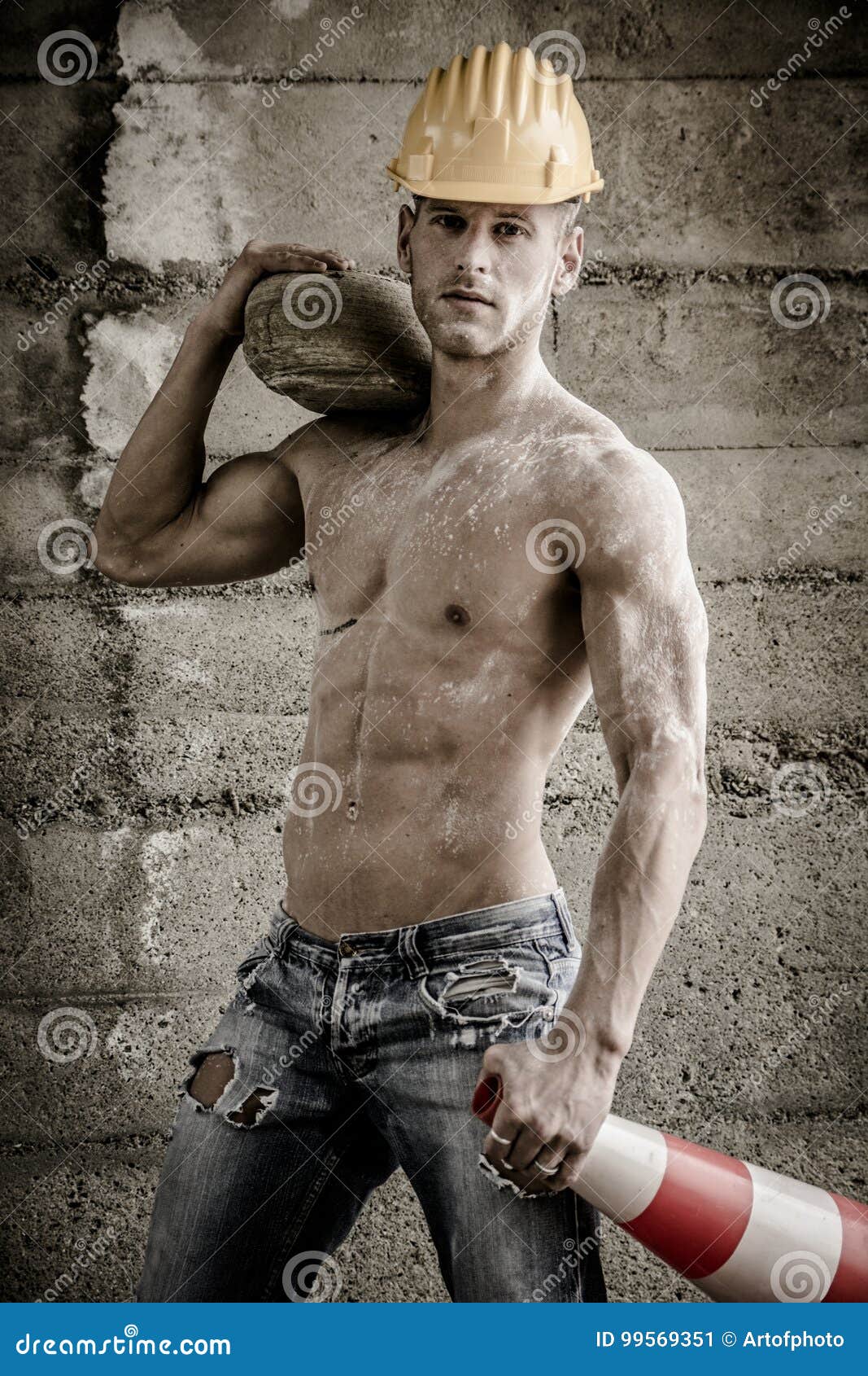 Handsome Muscular Construction Worker Standing Stock Image - Image of ...