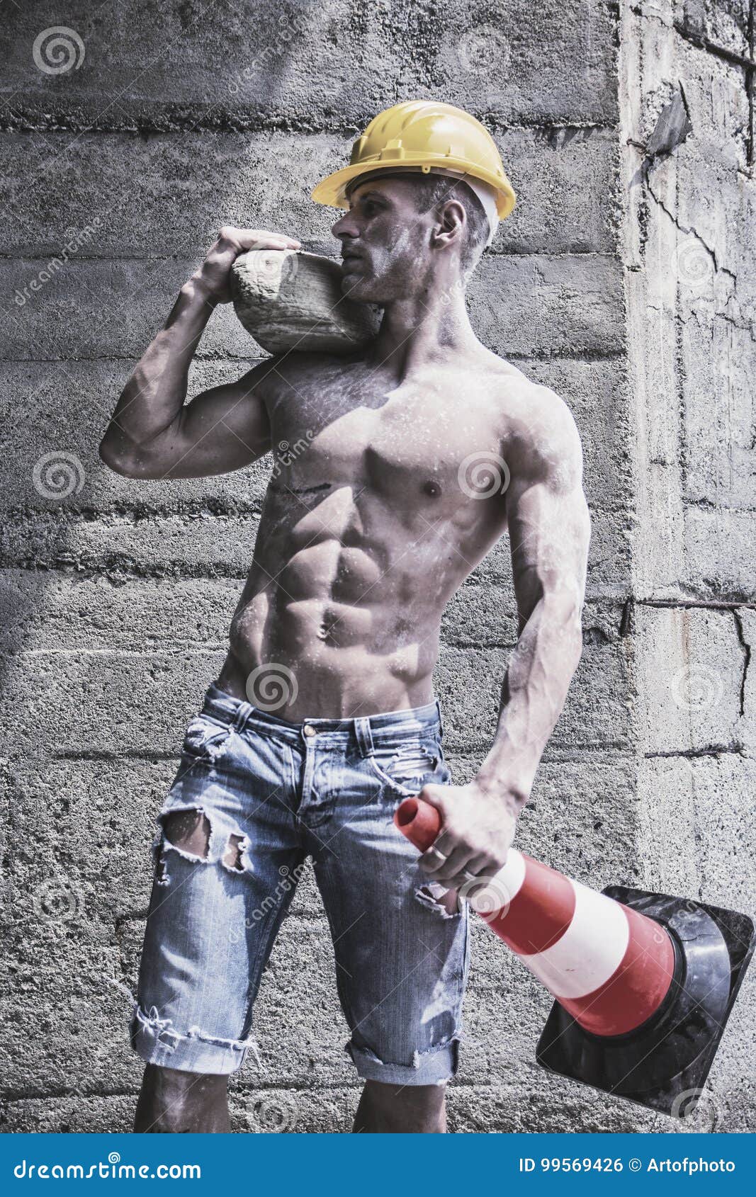 Handsome Muscular Construction Worker Standing Stock Photo - Image of ...