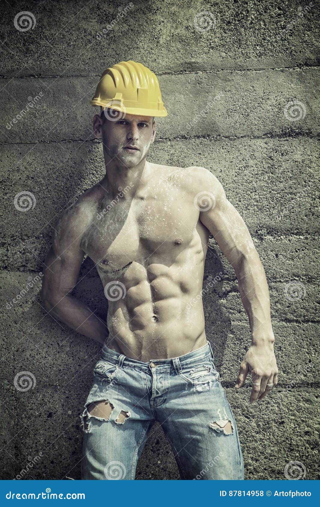 Hot Muscular Construction Worker Shirtless Seen From Below Stock Image