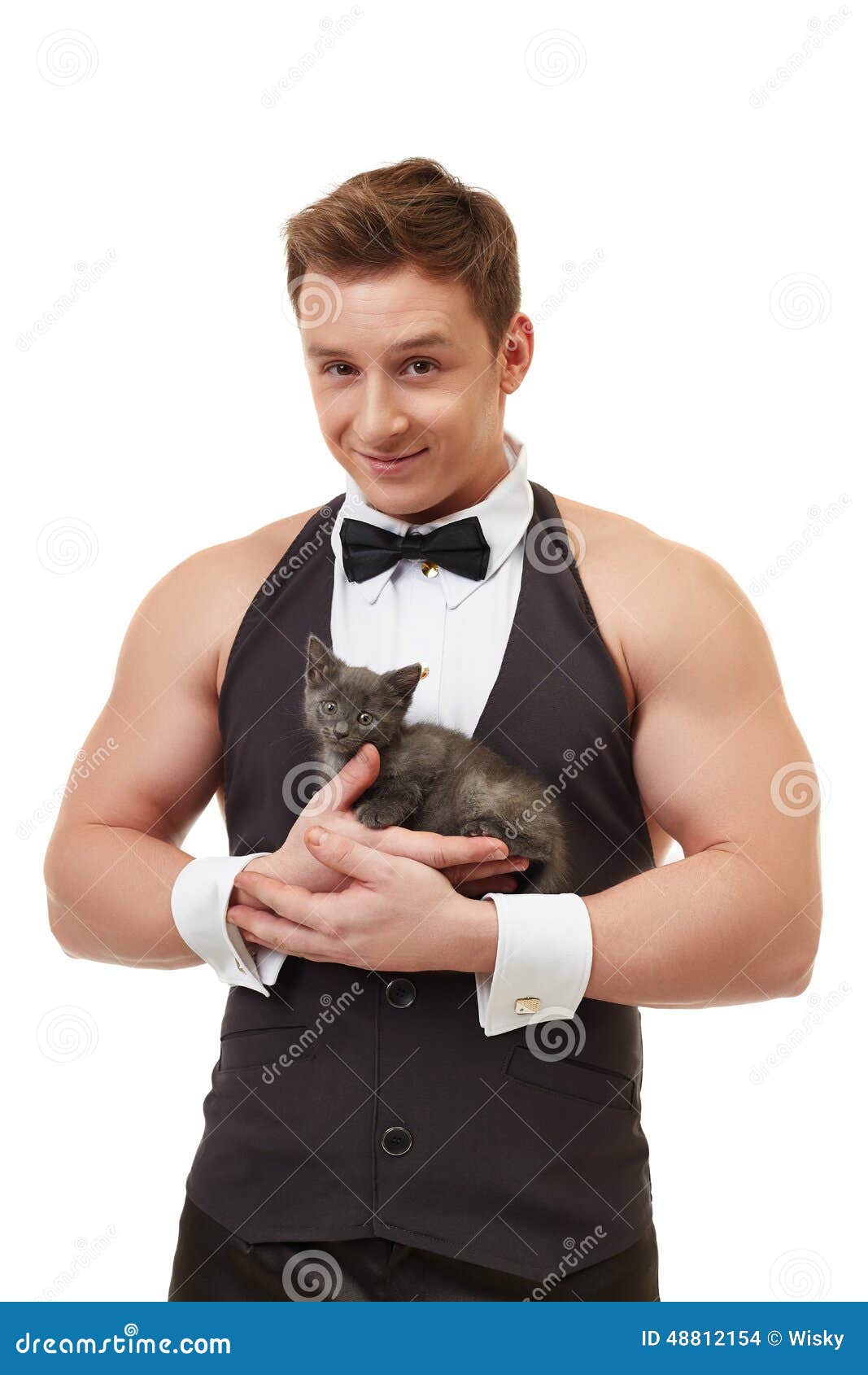Handsome Muscular Male Dancer Posing with Kitten Stock Photo - Image of ...