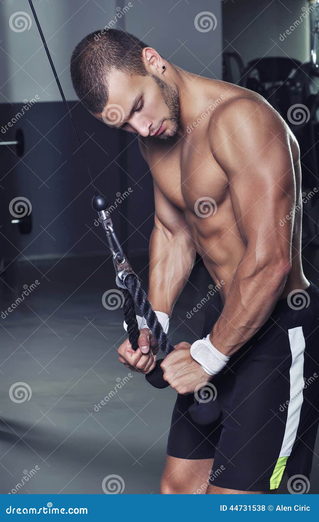 Handsome Muscular Male Model with Perfect Body Doing Triceps Exercise ...