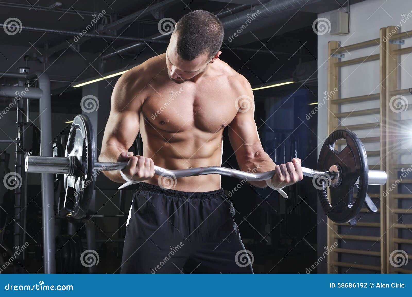 Handsome Muscular Male Model in a Standing Position Doing Biceps Stock ...