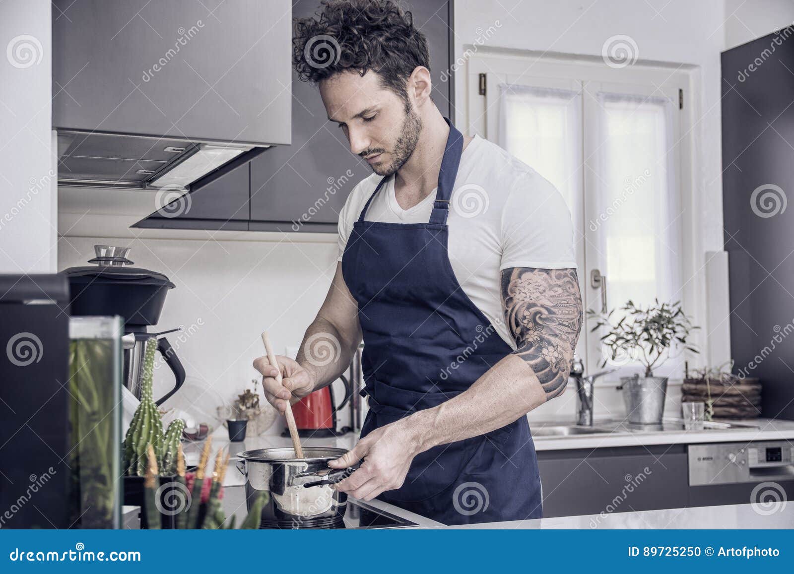 Handsome Muscular Man in Kitchen, Cooking Stock Photo - Image of ...
