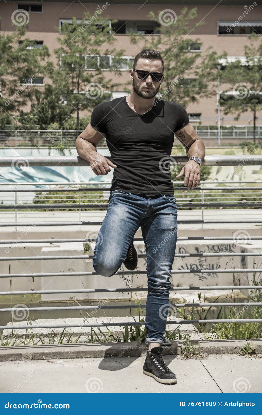 Handsome Muscular Man Standing in City Setting Stock Image - Image of ...