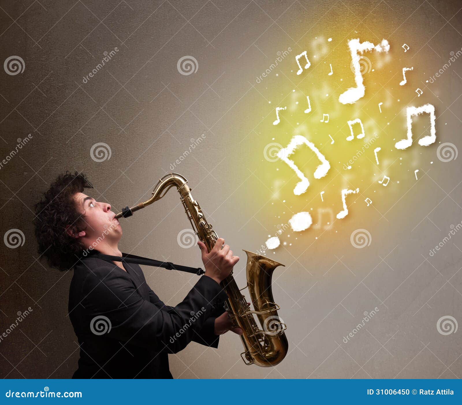 Handsome Musician Playing on Saxophone with Musical Notes Stock Photo ...