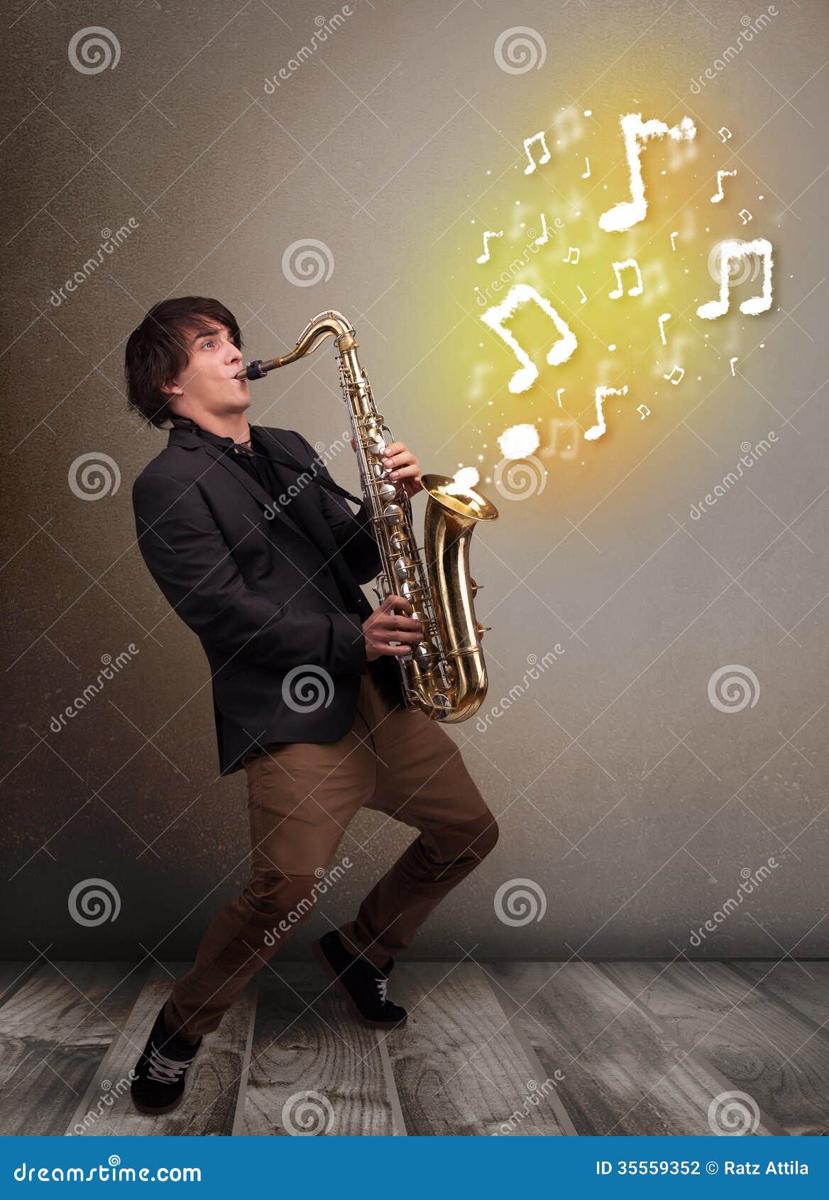 Handsome Musician Playing on Saxophone with Musical Notes Stock Photo ...