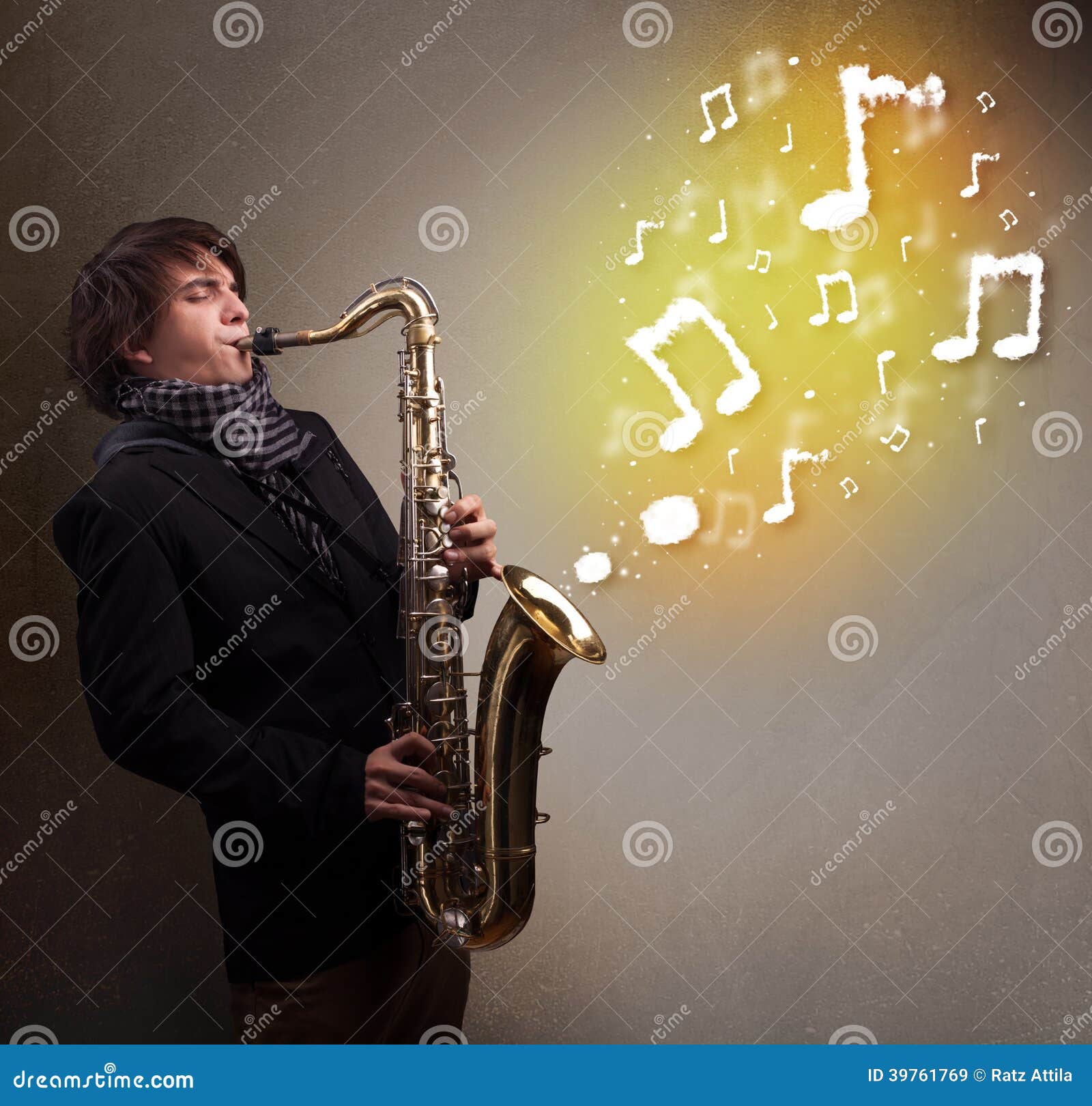 Handsome Musician Playing on Saxophone with Musical Notes Stock Image ...