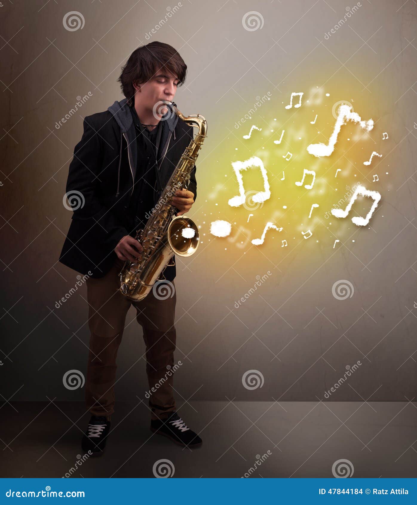 Handsome Musician Playing on Saxophone with Musical Notes Stock Photo ...