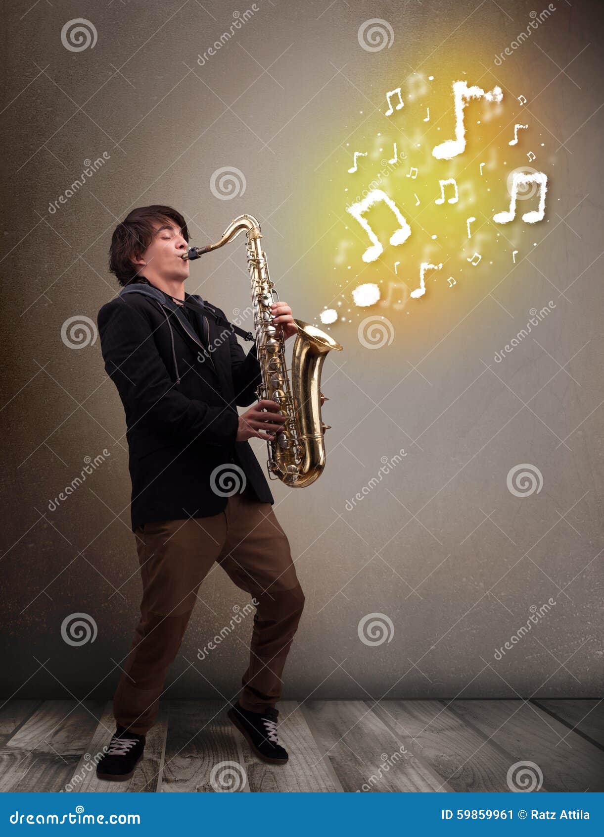 Handsome Musician Playing on Saxophone with Musical Notes Stock Image ...