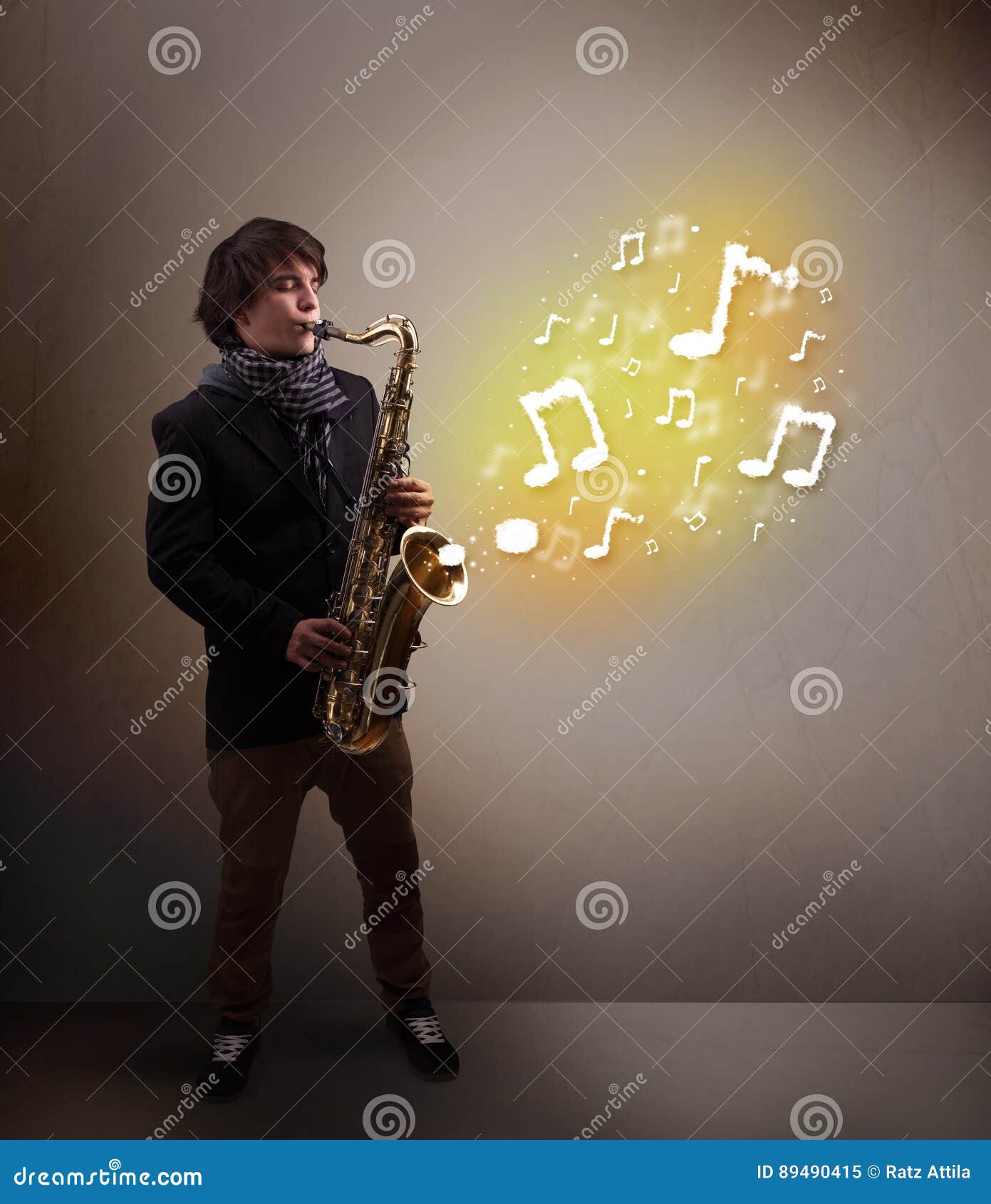Handsome Musician Playing on Saxophone with Musical Notes Stock Image ...