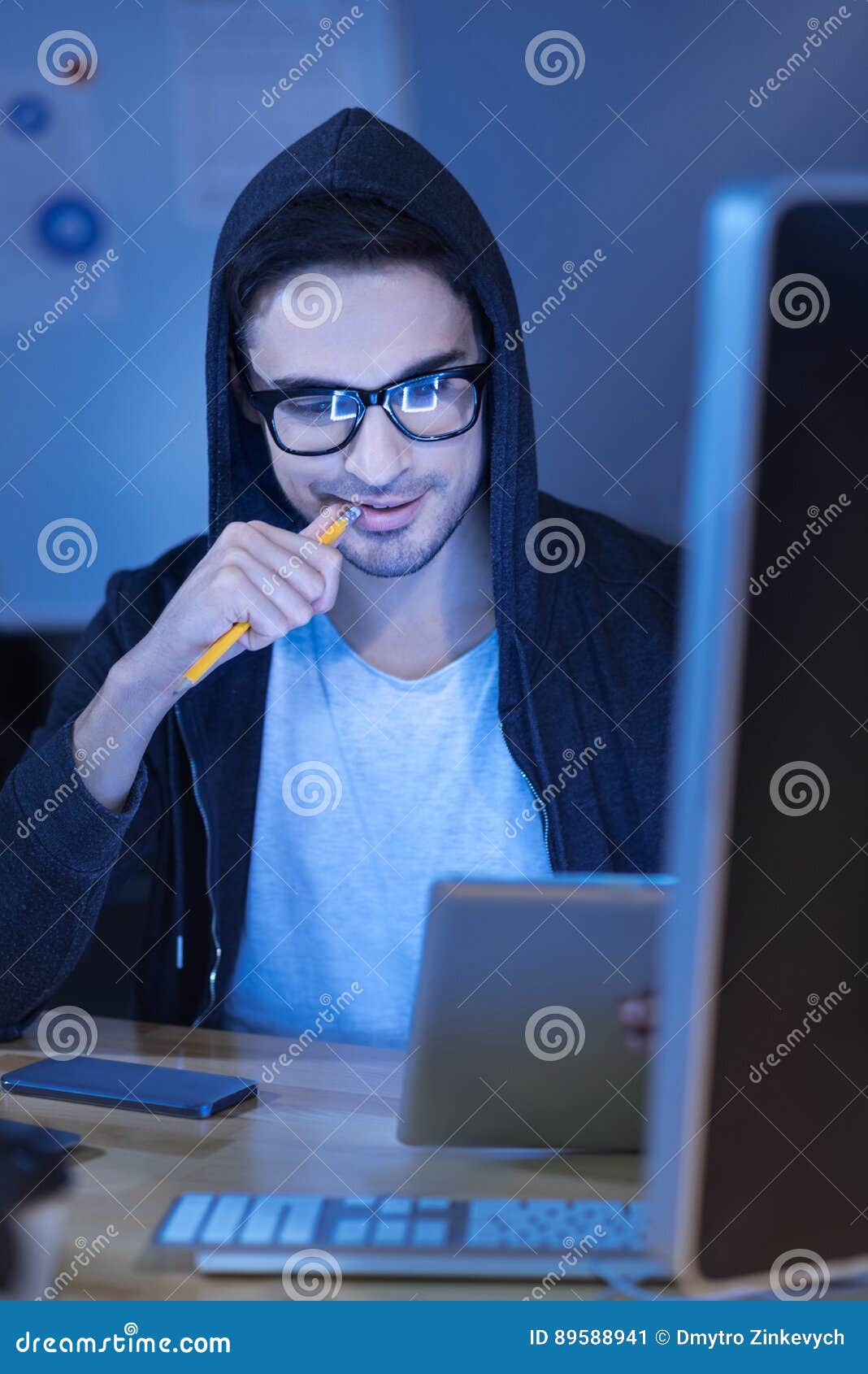 Handsome Nice Programmer Biting the Pencil Stock Image - Image of ...