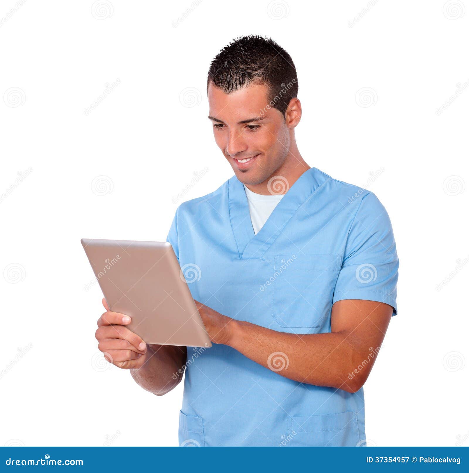 Handsome Nurse Guy Using His Tablet Pc Stock Image - Image of years ...
