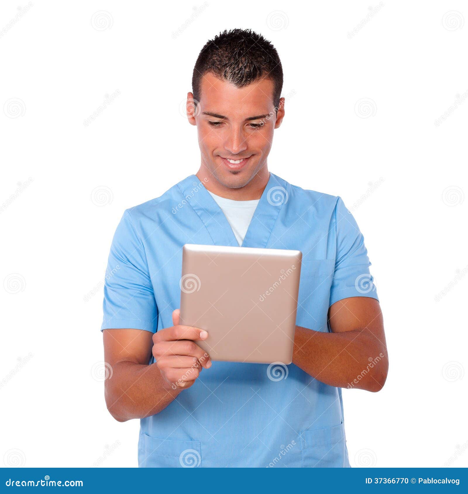 Handsome Nurse Guy Working with His Tablet Pc Stock Photo - Image of ...